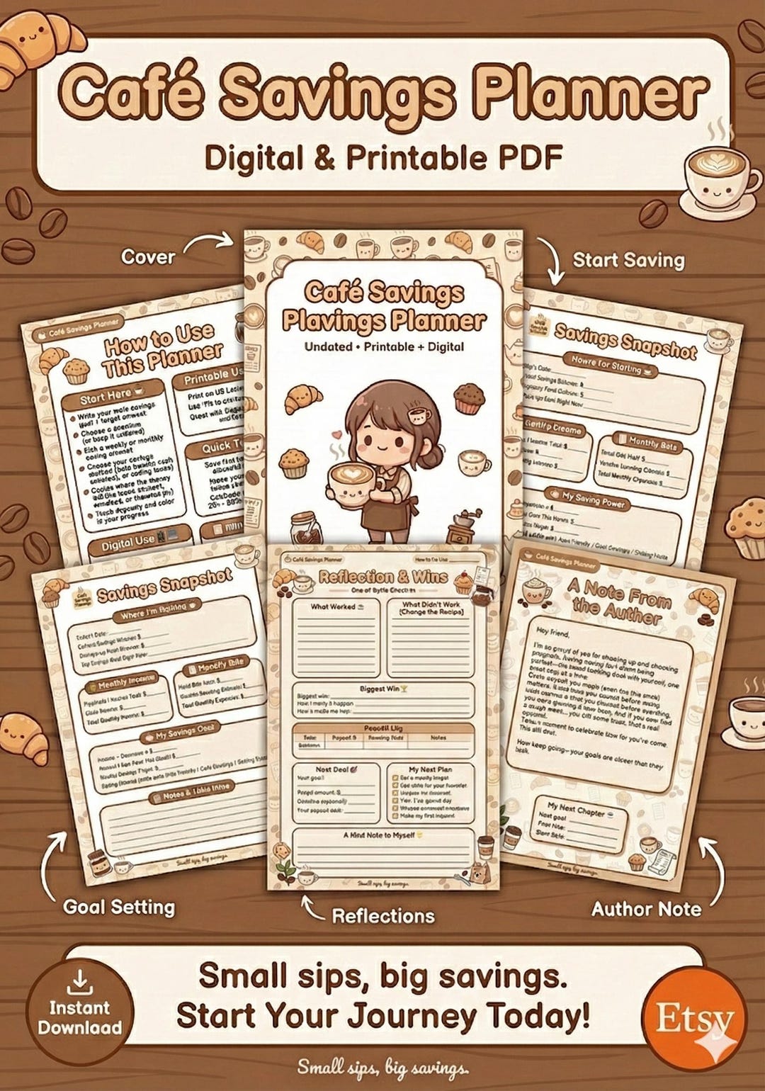 Printable Savings Planner + Digital | Café Theme Kawaii | Emergency ...