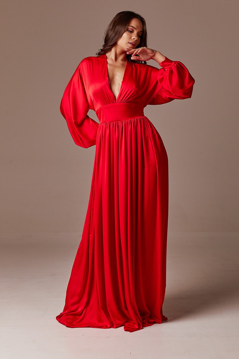 Red Silk Maxi Dress Bridesmaid Dress Open Back Long Sleeve | Etsy