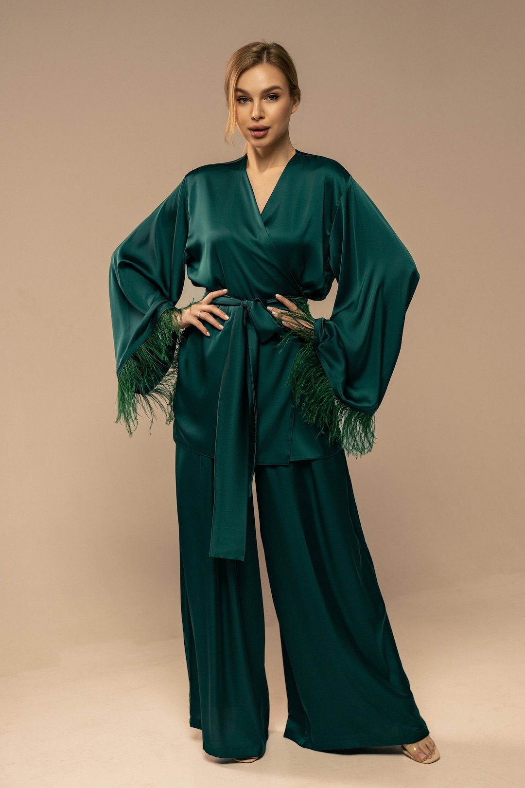 Dark Emerald Green Silk Pant Suit for Women, Silk Two Piece Summer Set ...