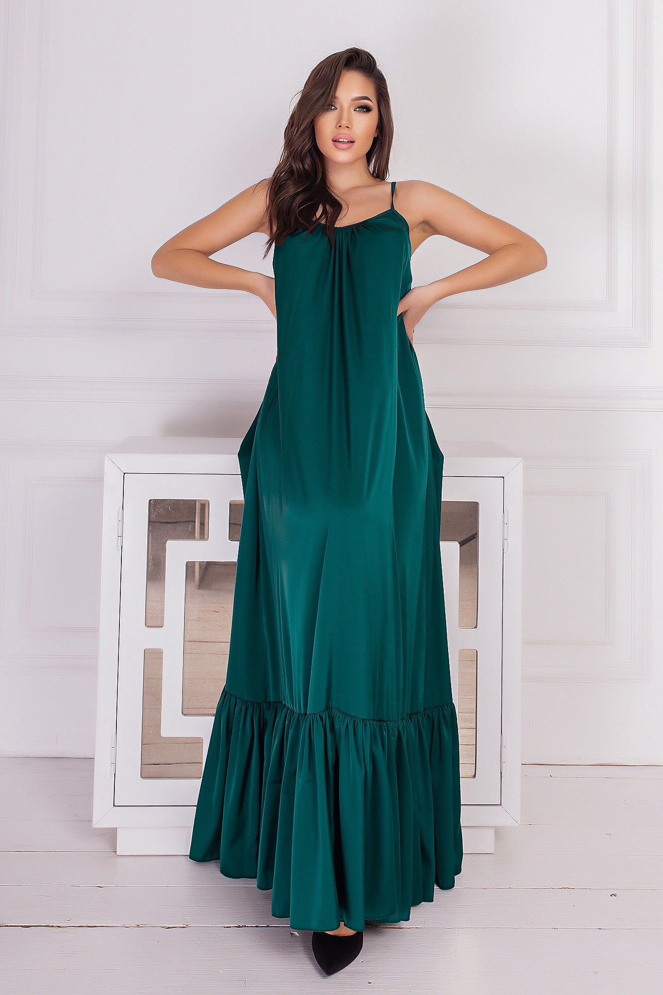 Vestido de seda verde esmeralda Maxi vestido de sol suelto | Etsy