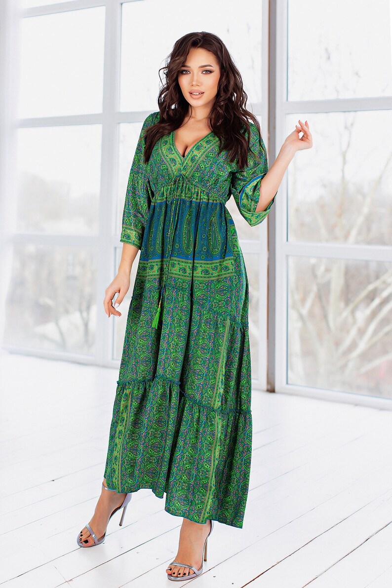 Summer Emerald Dress Paisley Silk Dress Maxi Green Beach - Etsy