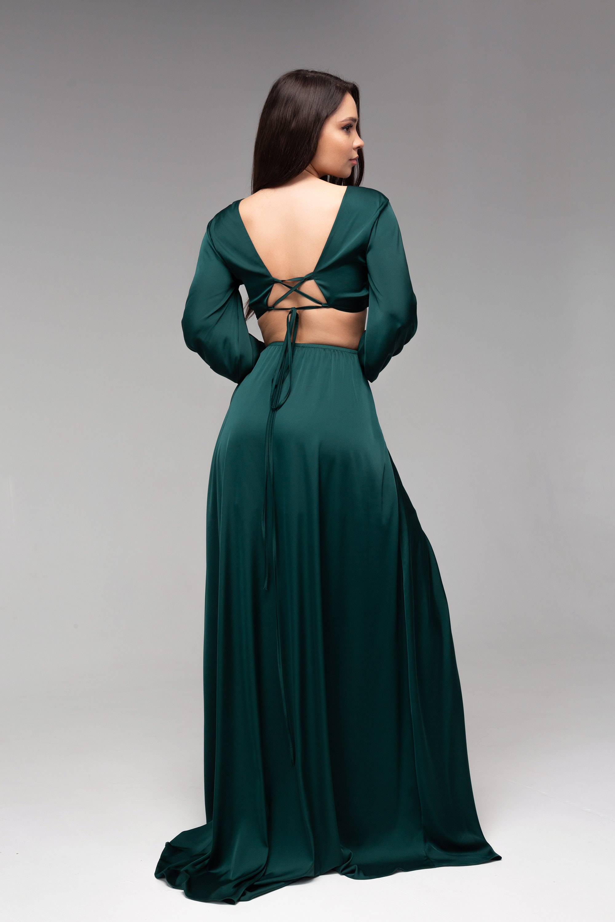 Dark Emerald Green Silk Maxi Dress With Slit Open Back Green - Etsy