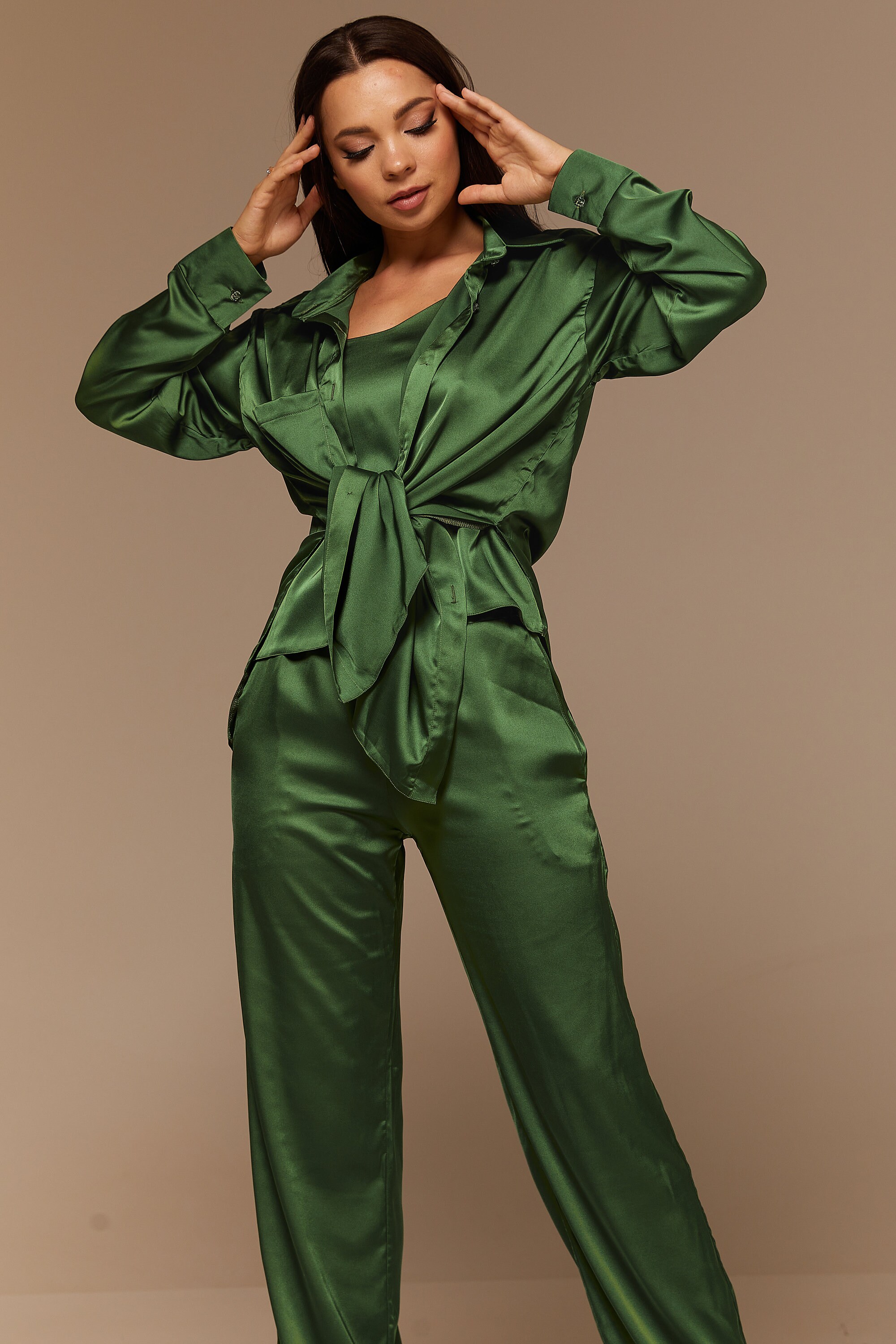 Moss Green Silk Pant Suit For Women Satin Three Piece Summer Etsy