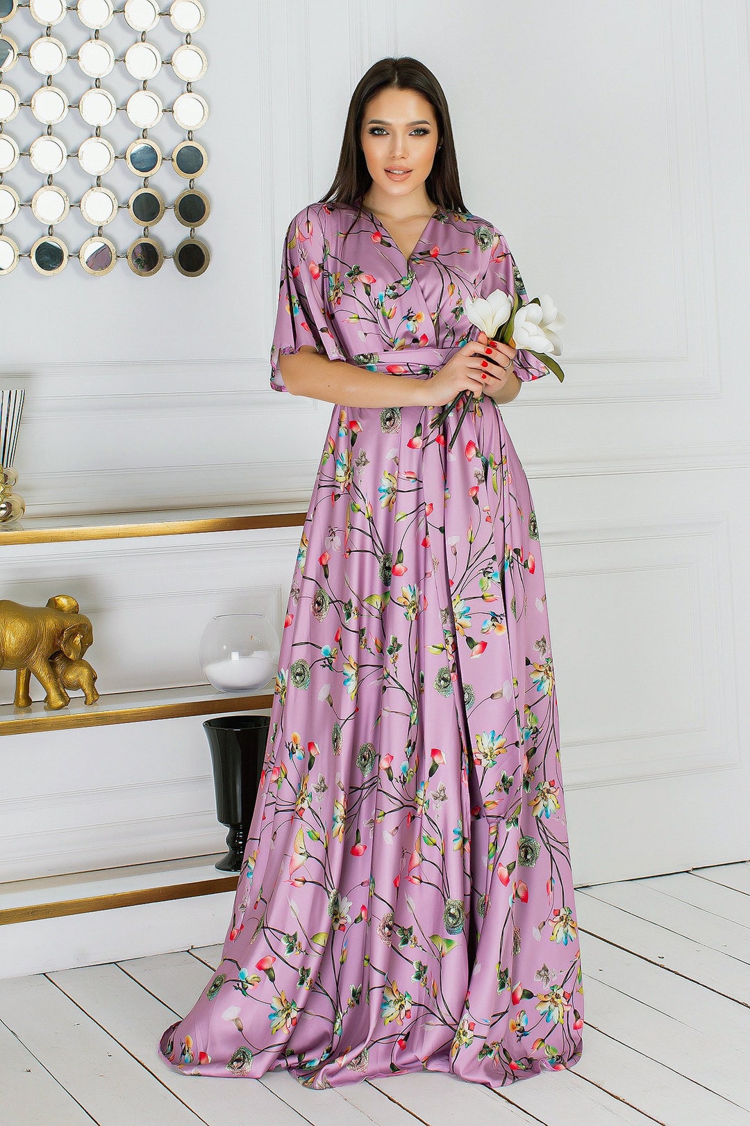 Pink Floral Silk Maxi Dress With Short Sleeves, Summer Flower Dress ...