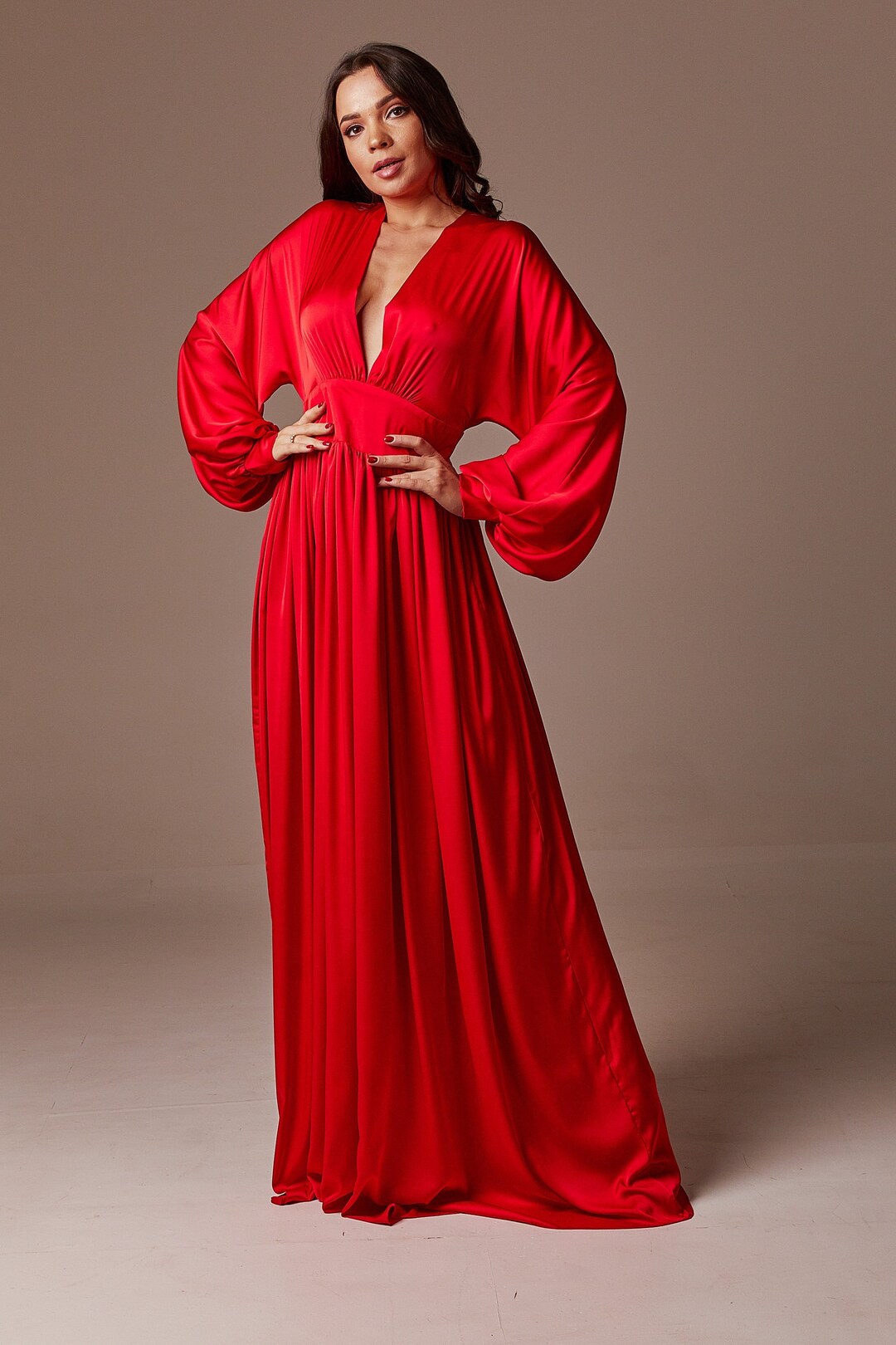 Red Silk Maxi Dress, Bridesmaid Dress, Open Back, Long Sleeve, Silk ...