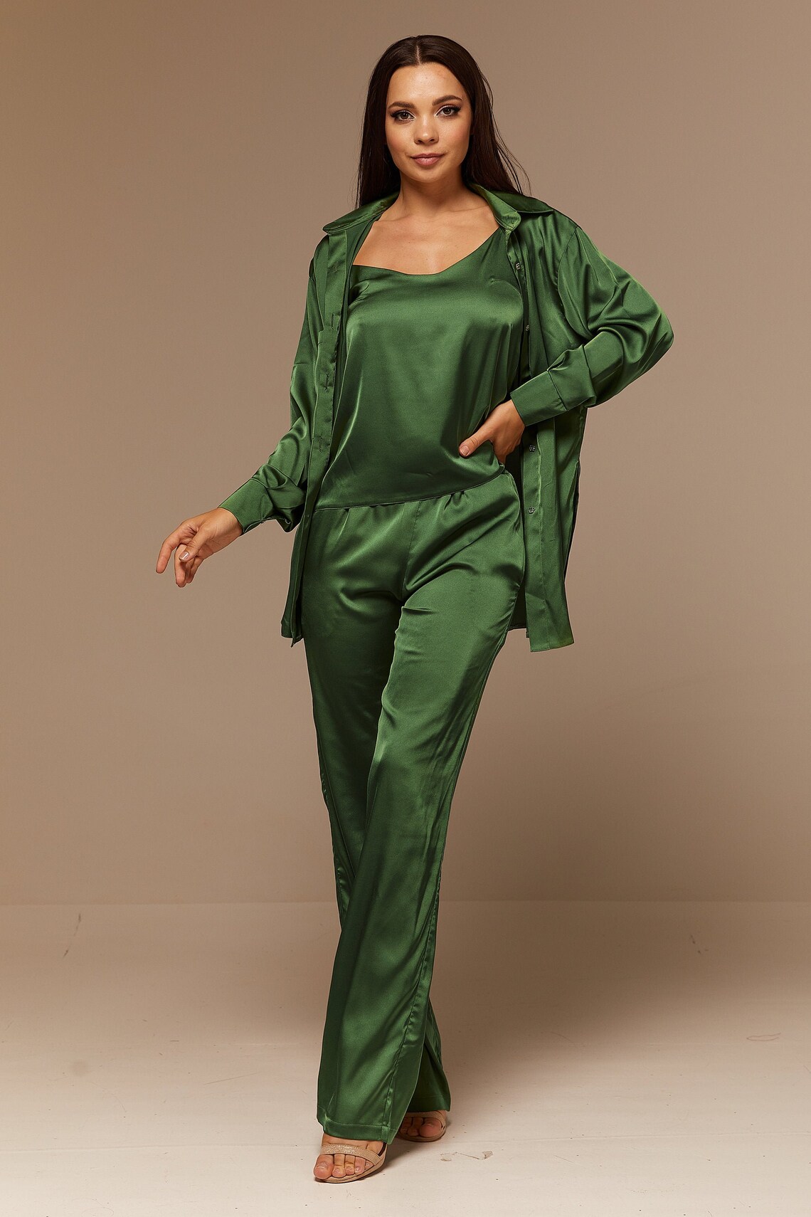 Moss Green Silk Pant Suit For Women Satin Three Piece Summer Etsy
