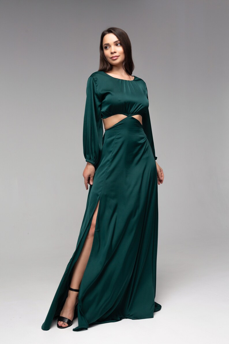 Dark Emerald Green Silk Maxi Dress With Slit Open Back Green - Etsy