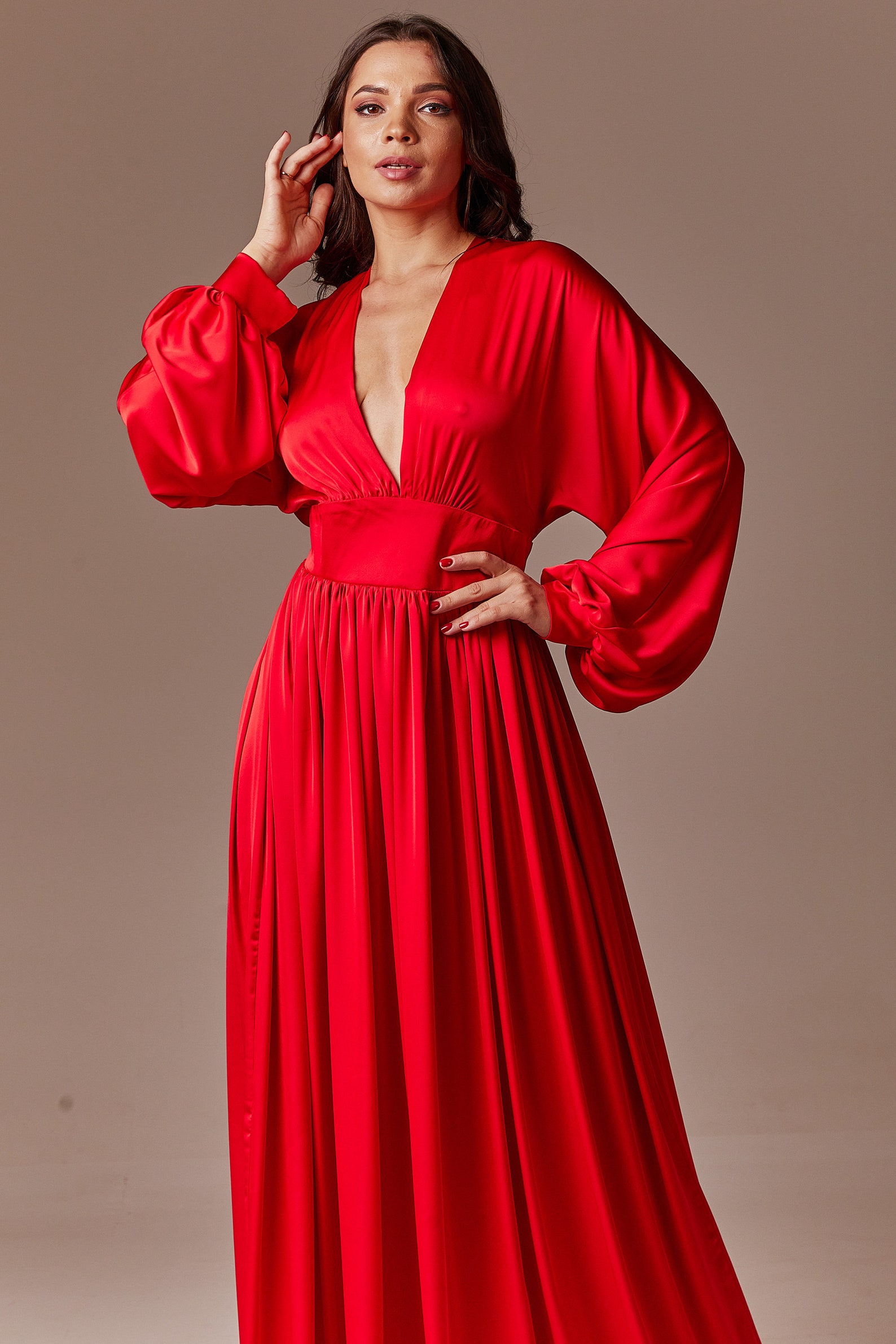 Red Silk Maxi Dress Bridesmaid Dress Open Back Long Sleeve | Etsy