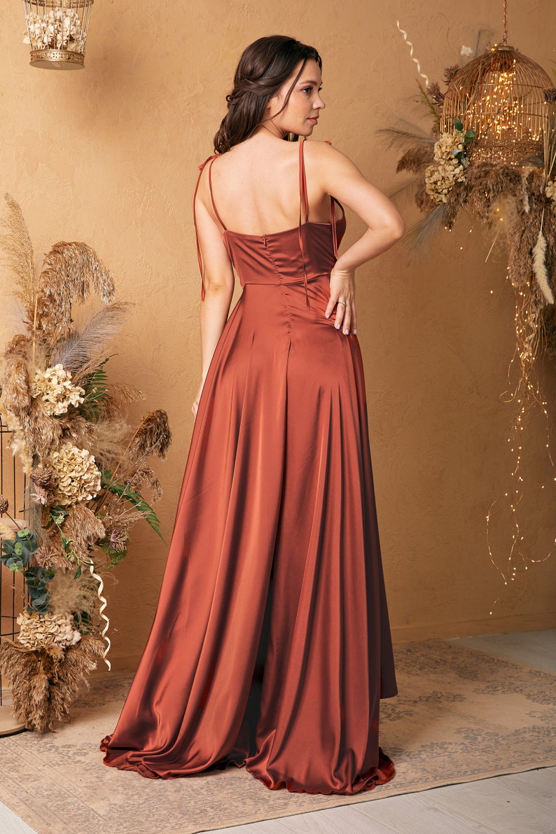 Rust Satin Silk Maxi Flared Dress With Slit Copper Bridesmaid Etsy Canada
