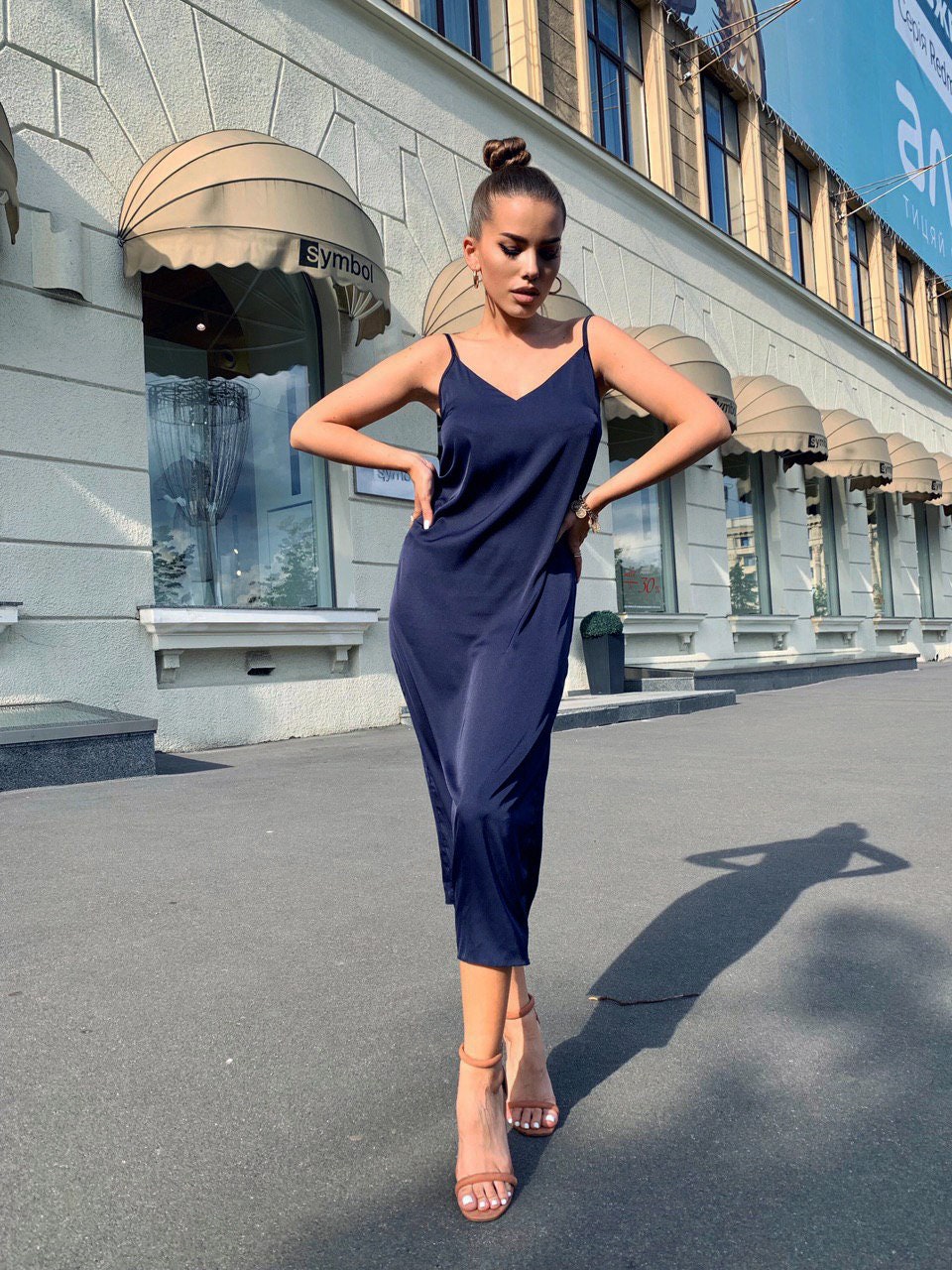 Navy Blue Silk Slip Midi Dress - Etsy