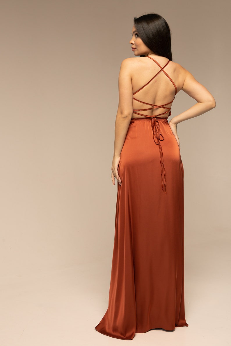 Rust Silk Maxi Flared Dress With Slit Terracotta Bridesmaid Etsy