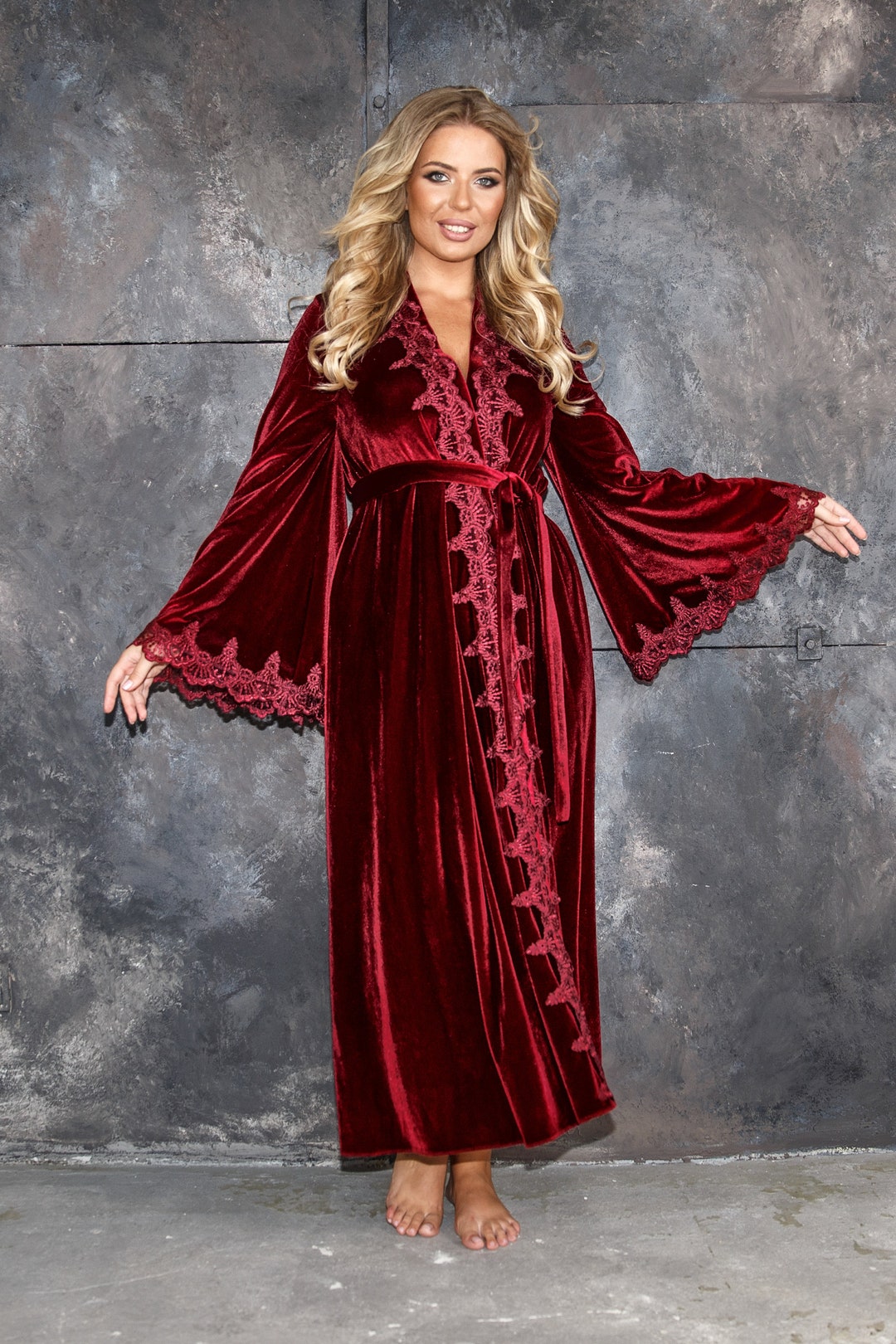 Long Burgundy Velvet Robe With Cord Lace Bohemian Boudoir Etsy