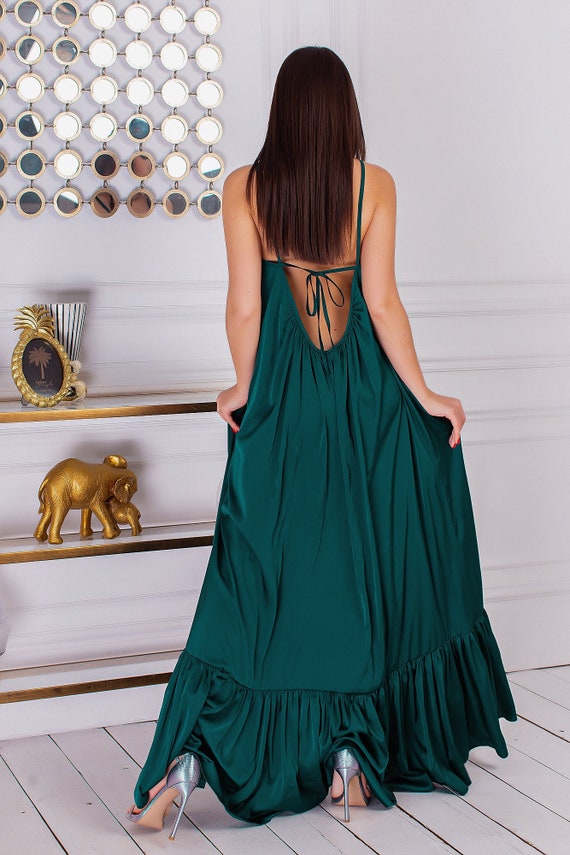 Emerald Green Silk Dress Maxi Ruffle Green Loose Sun Dress - Etsy
