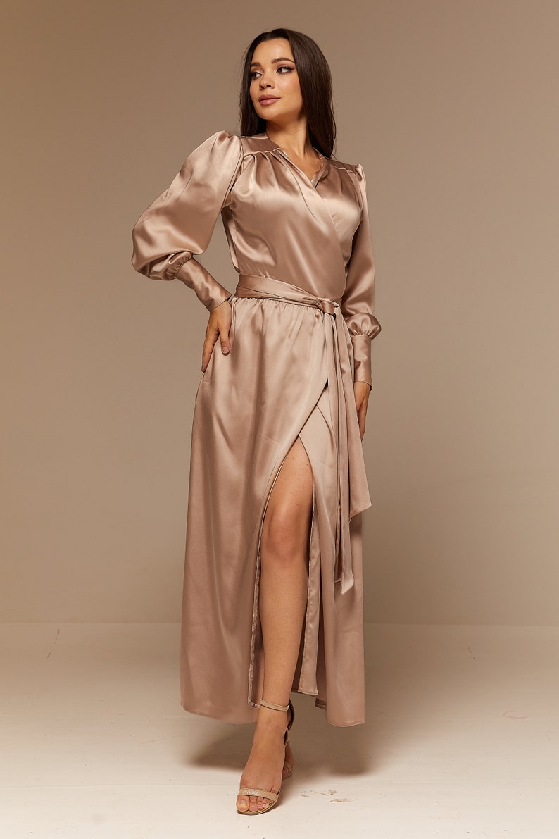 Beige Satin Maxi Full Wrap Dress With Long Sleeves Bridesmaid Etsy