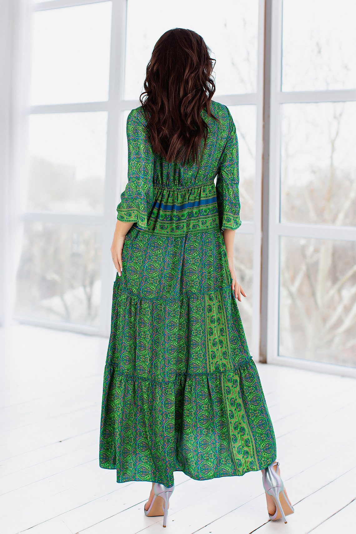 Summer Emerald Dress Paisley Silk Dress Maxi Green Beach - Etsy