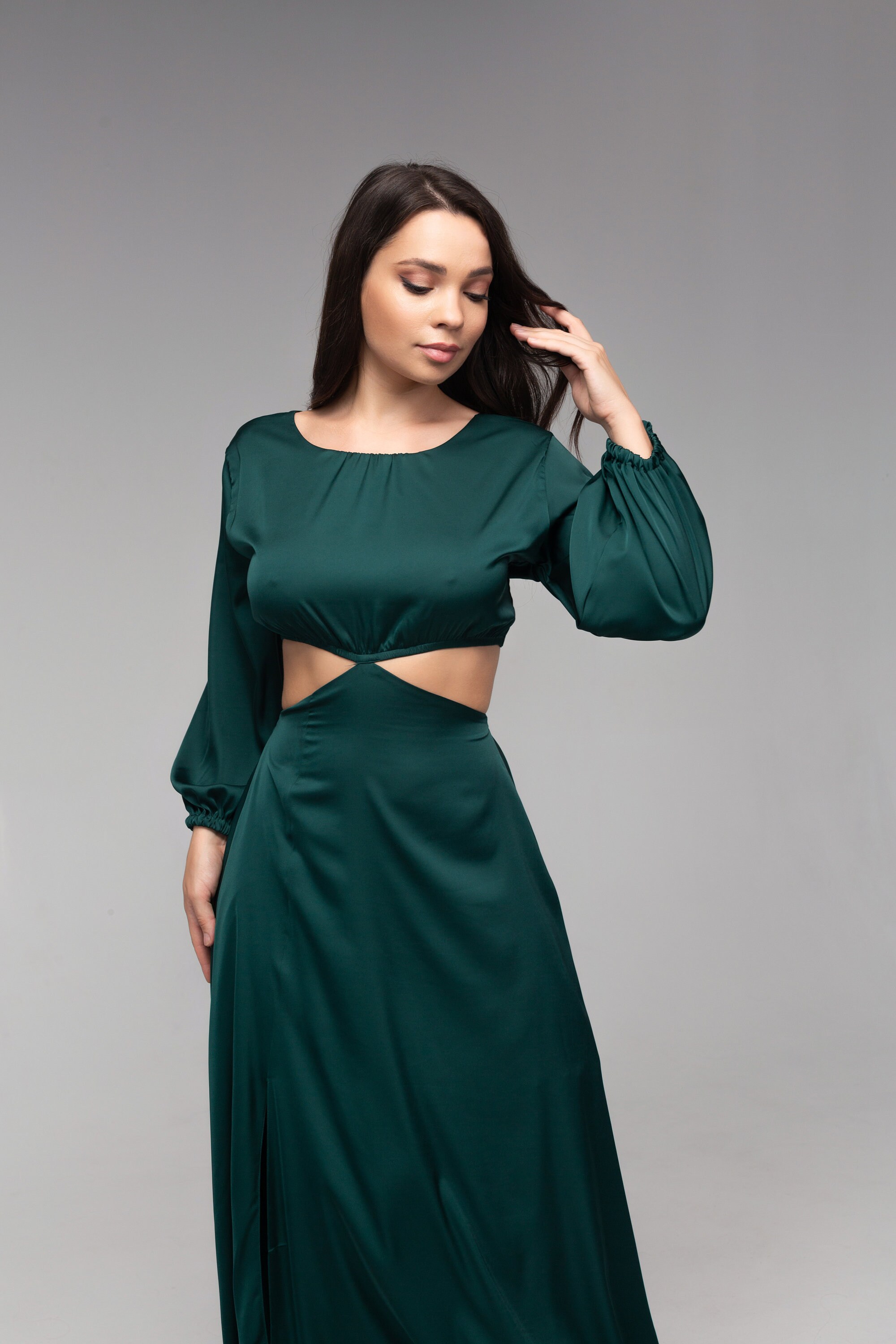 Dark Emerald Green Silk Maxi Dress With Slit Open Back Green - Etsy