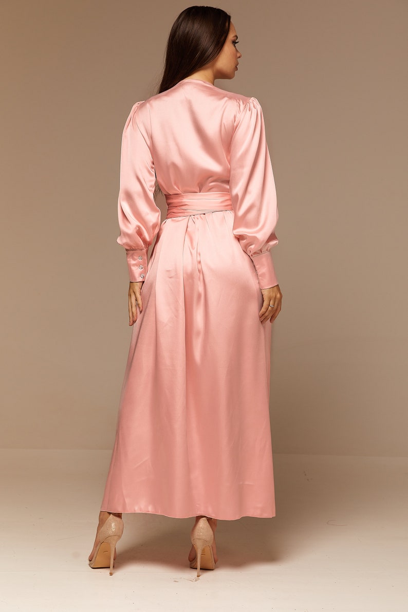 Pink Satin Maxi Full Wrap Dress With Long Sleeves Bridesmaid Etsy