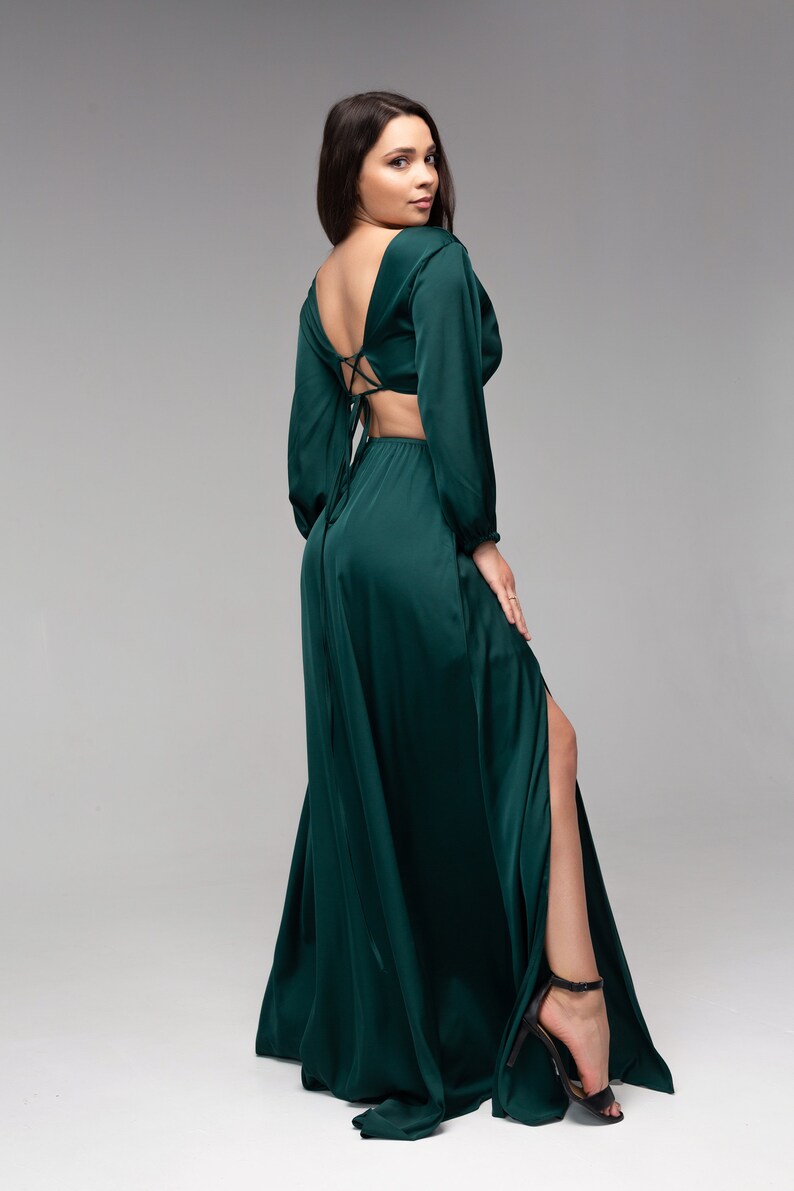 Dark Emerald Green Silk Maxi Dress With Slit Open Back Green - Etsy