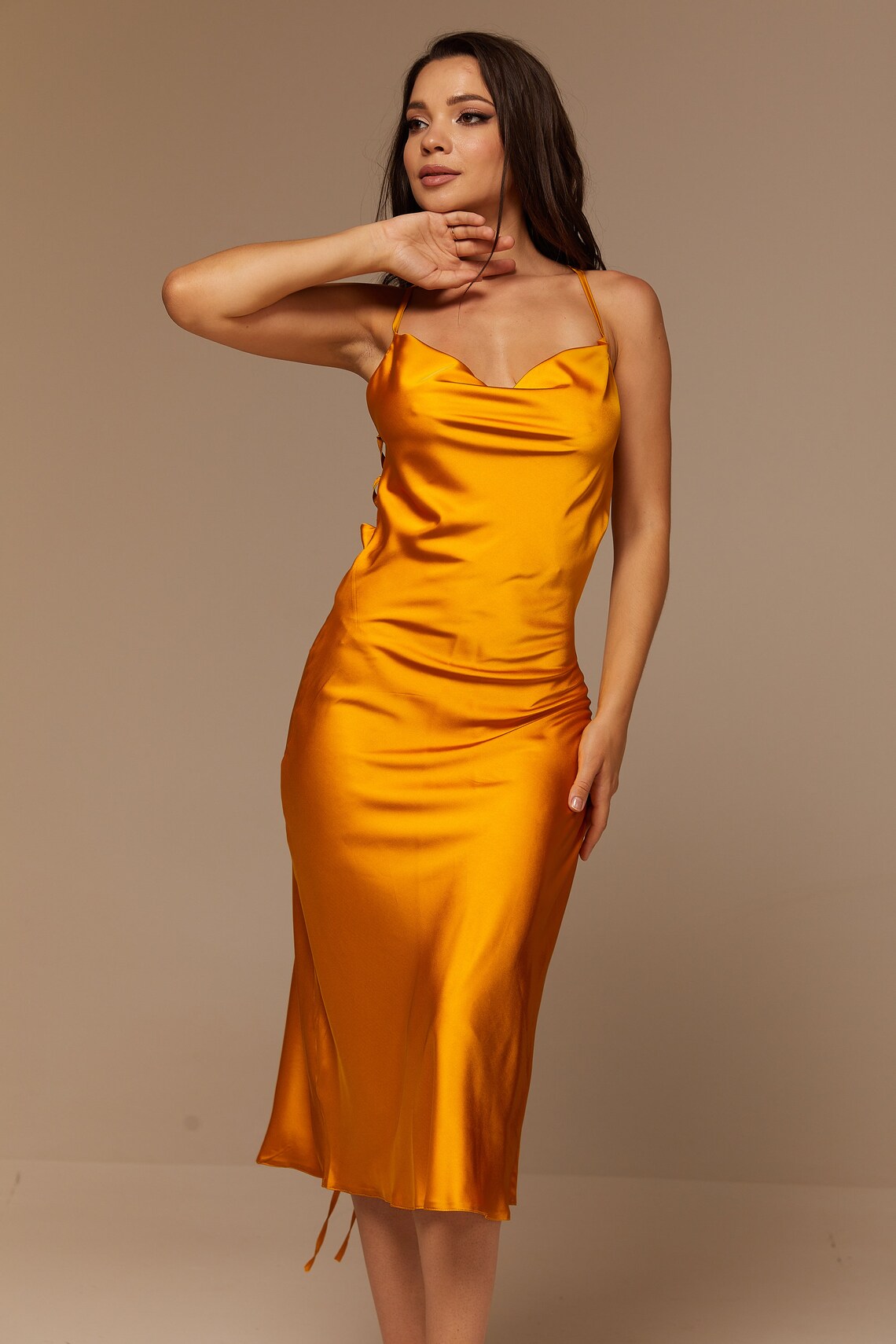 Orange Silk Slip Midi Dress Cowl Neck Lace Up Open Back Etsy Uk