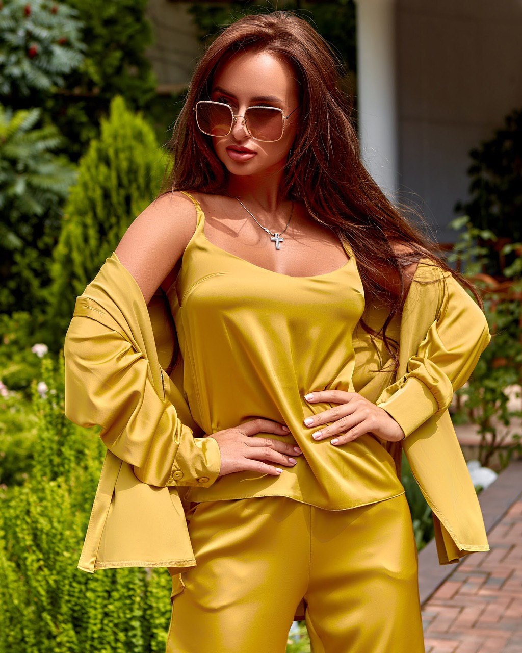 Mustard Silk Pant Suit For Women Satin Three Piece Summer Set Etsy