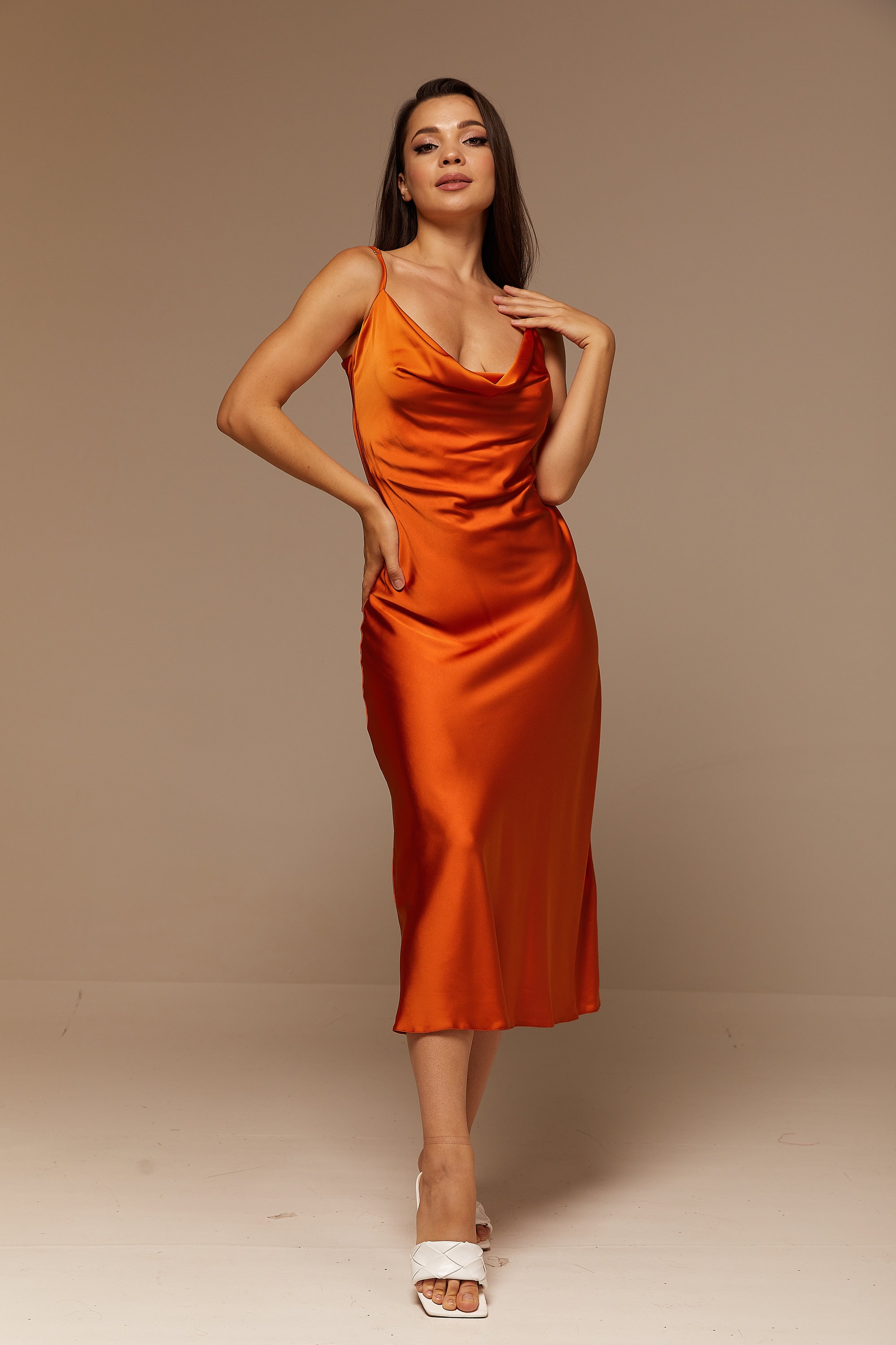 Burnt Orange Silk Slip Dress Cowl Neckrust Midi Silk Etsy