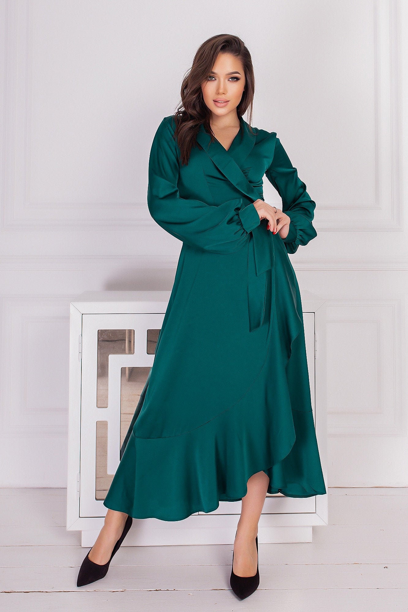 Emerald Green Bridesmaid Silk Ruffle Dress Green Maxi Satin | Etsy