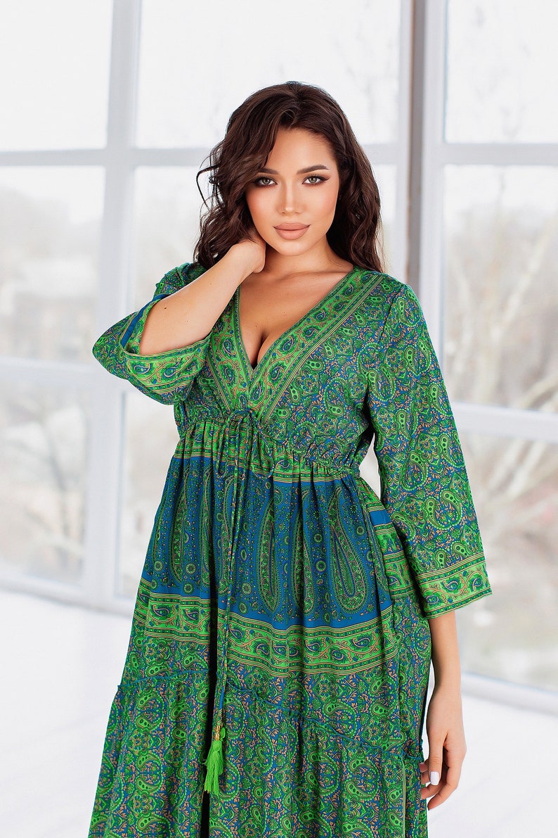 Summer Emerald Dress Paisley Silk Dress Maxi Green Beach - Etsy