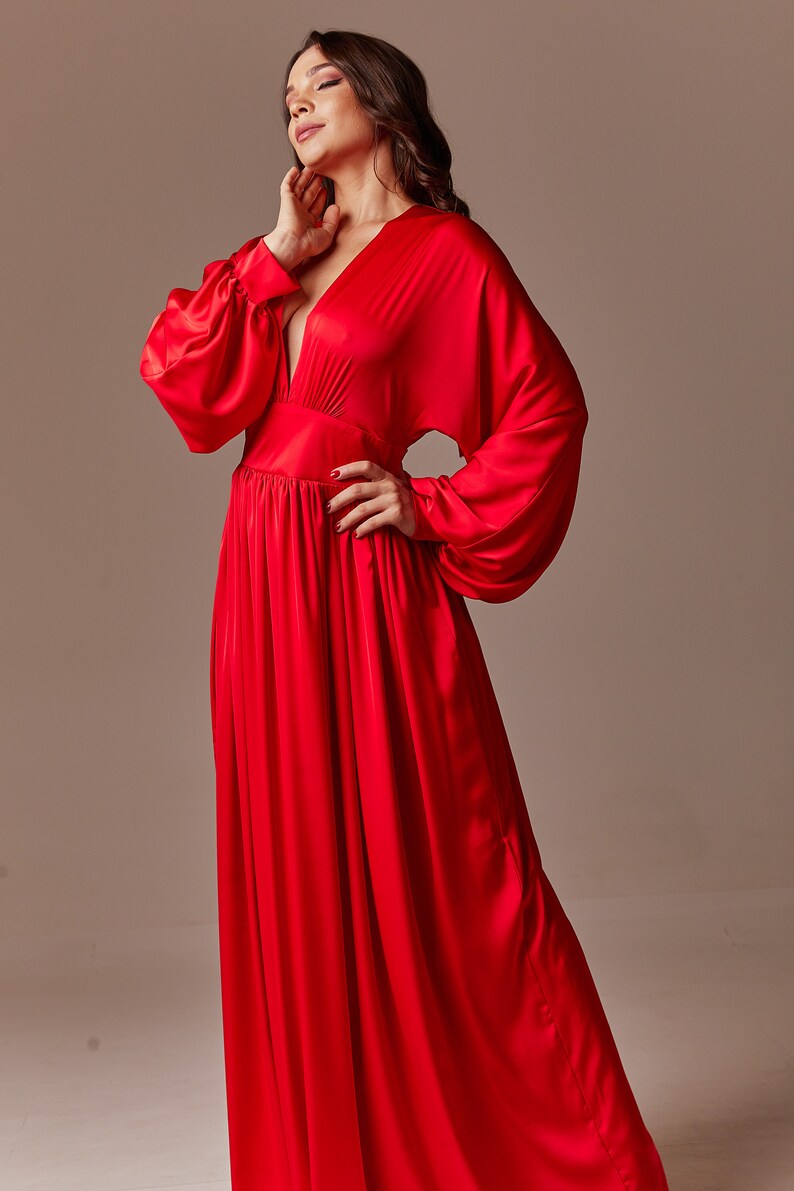 Red Silk Maxi Dress Bridesmaid Dress Open Back Long Sleeve | Etsy