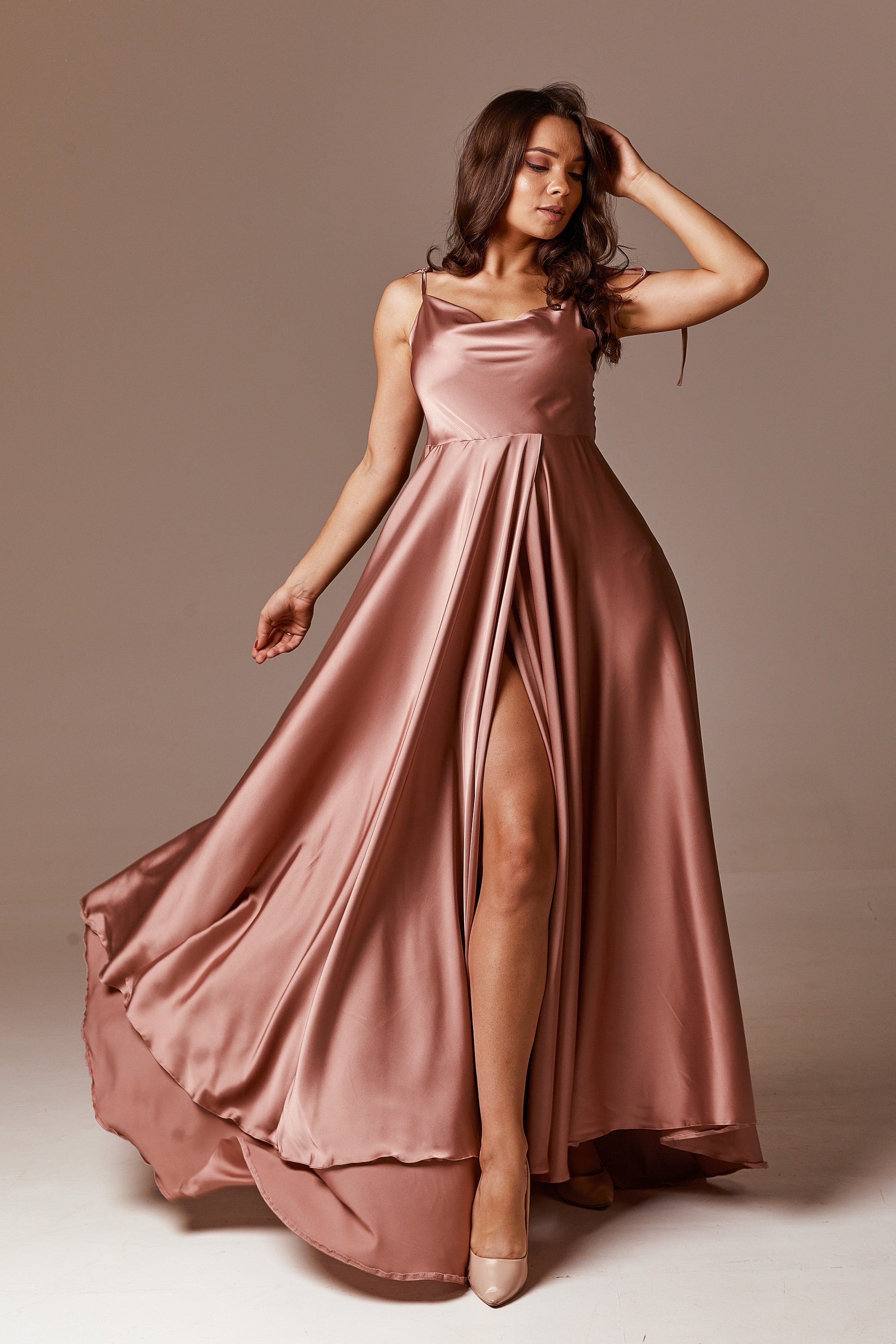 Rose Gold Silk Maxi Flared Dress With Slit Bridesmaid Dress Etsy