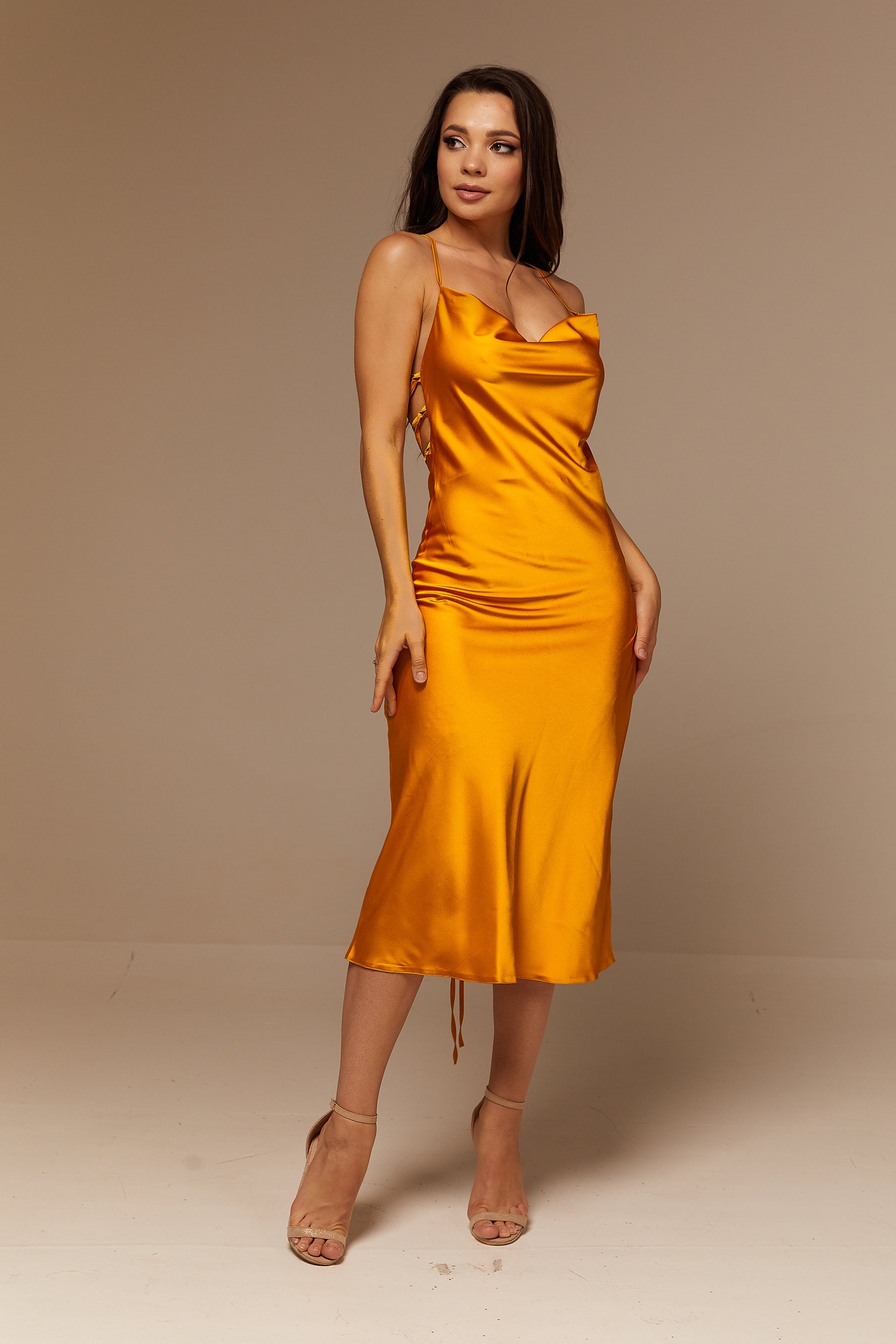 Orange Silk Slip Midi Dress Cowl Neck Lace Up Open Back Etsy