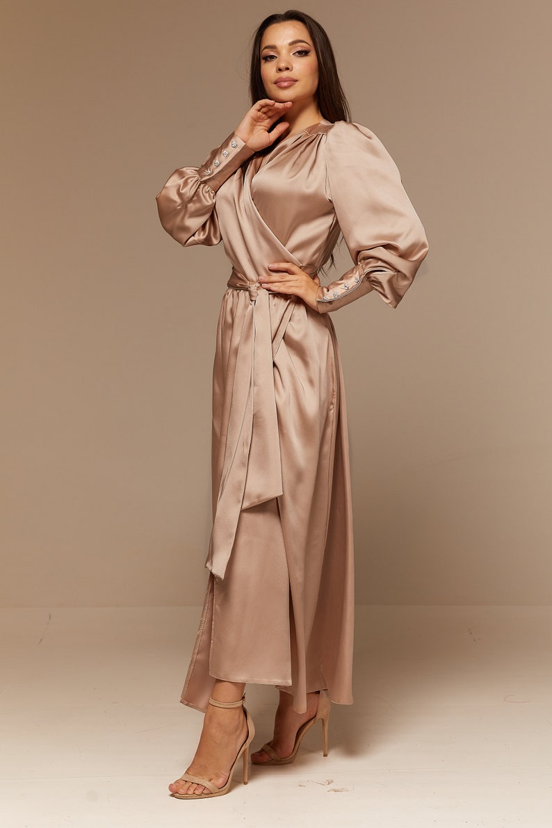 Beige Satin Maxi Full Wrap Dress With Long Sleeves Bridesmaid Etsy