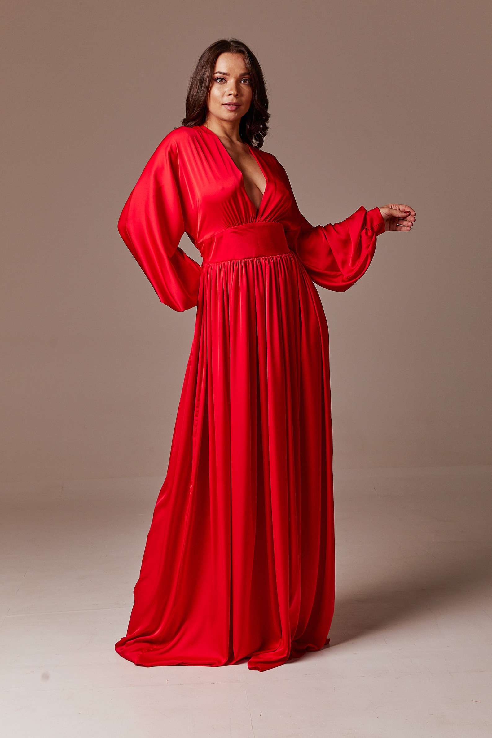 Red Silk Maxi Dress Bridesmaid Dress Open Back Long Sleeve | Etsy