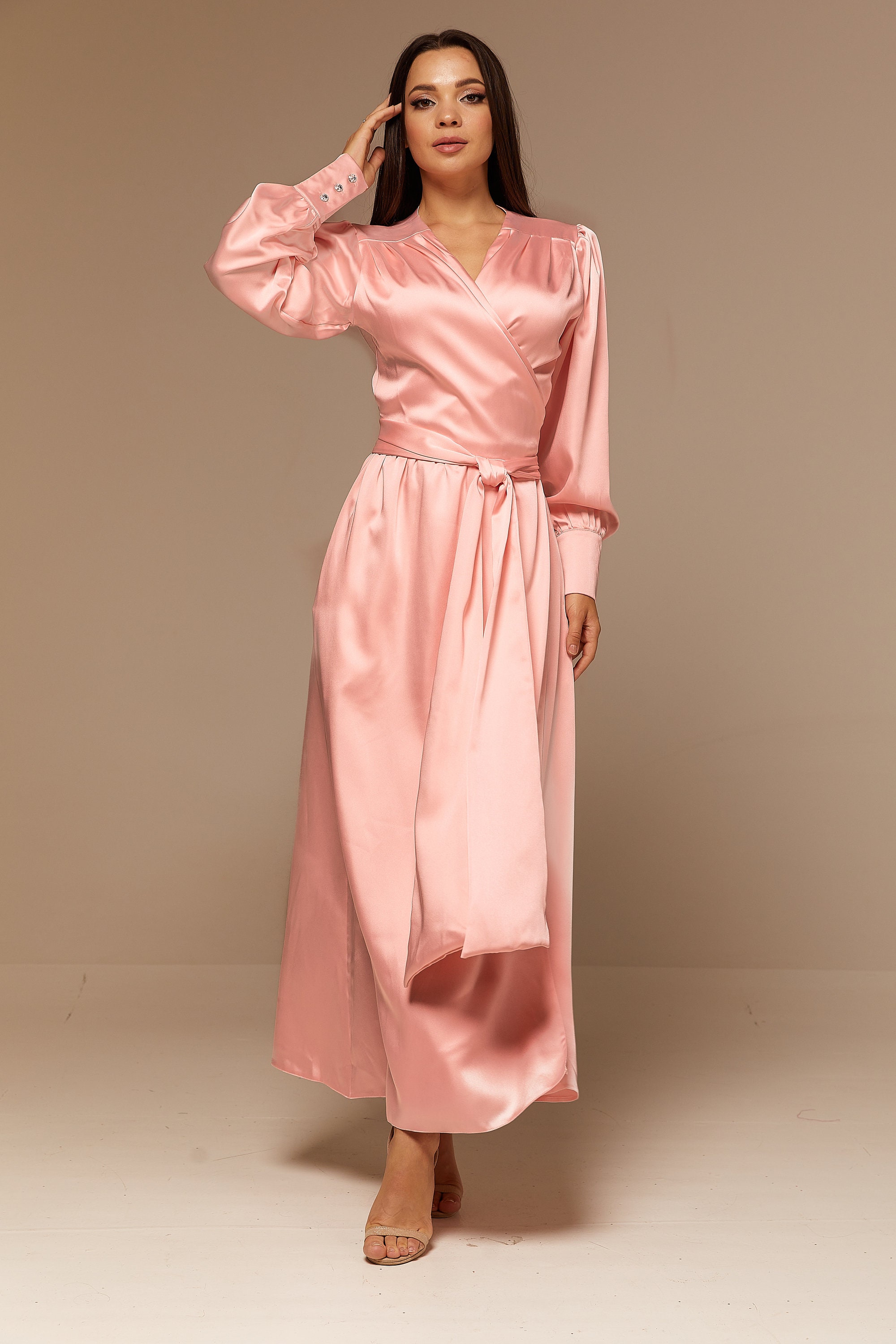 Pink Satin Maxi Full Wrap Dress With Long Sleeves Bridesmaid Etsy