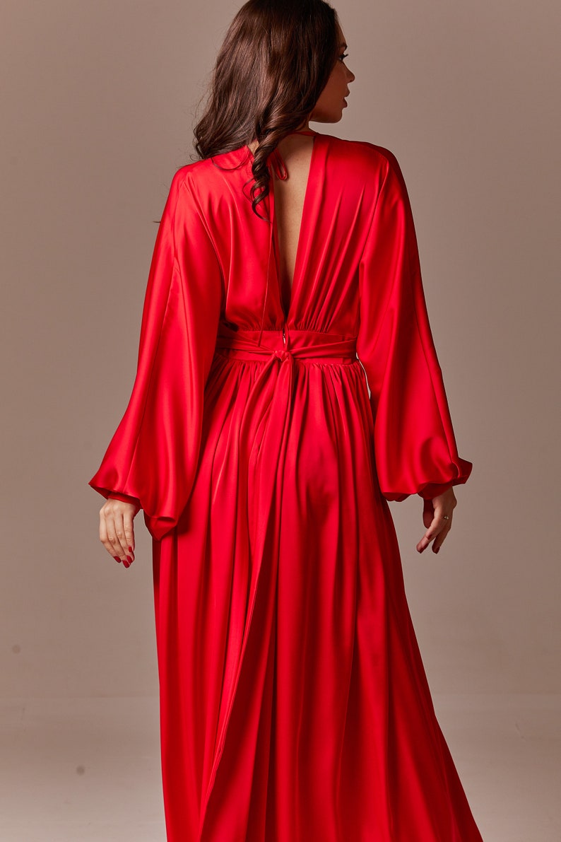 Red Silk Maxi Dress Bridesmaid Dress Open Back Long Sleeve | Etsy