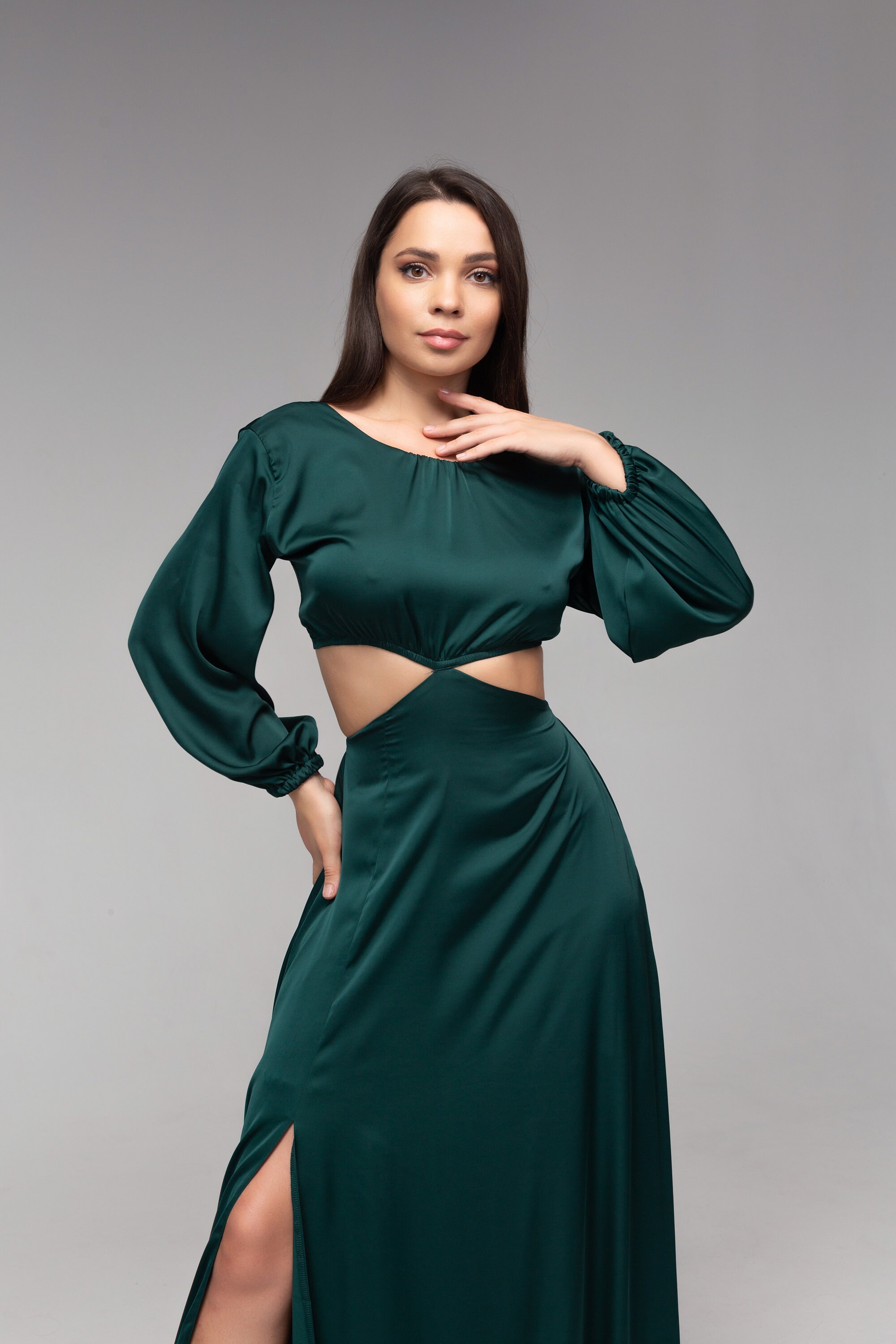 Dark Emerald Green Silk Maxi Dress With Slit Open Back Green - Etsy