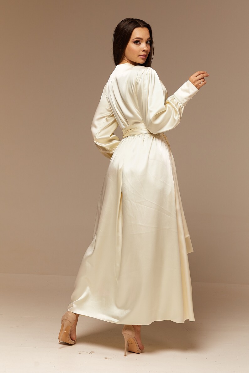 Ivory Cream Satin Maxi Full Wrap Dress With Long Sleeves Etsy