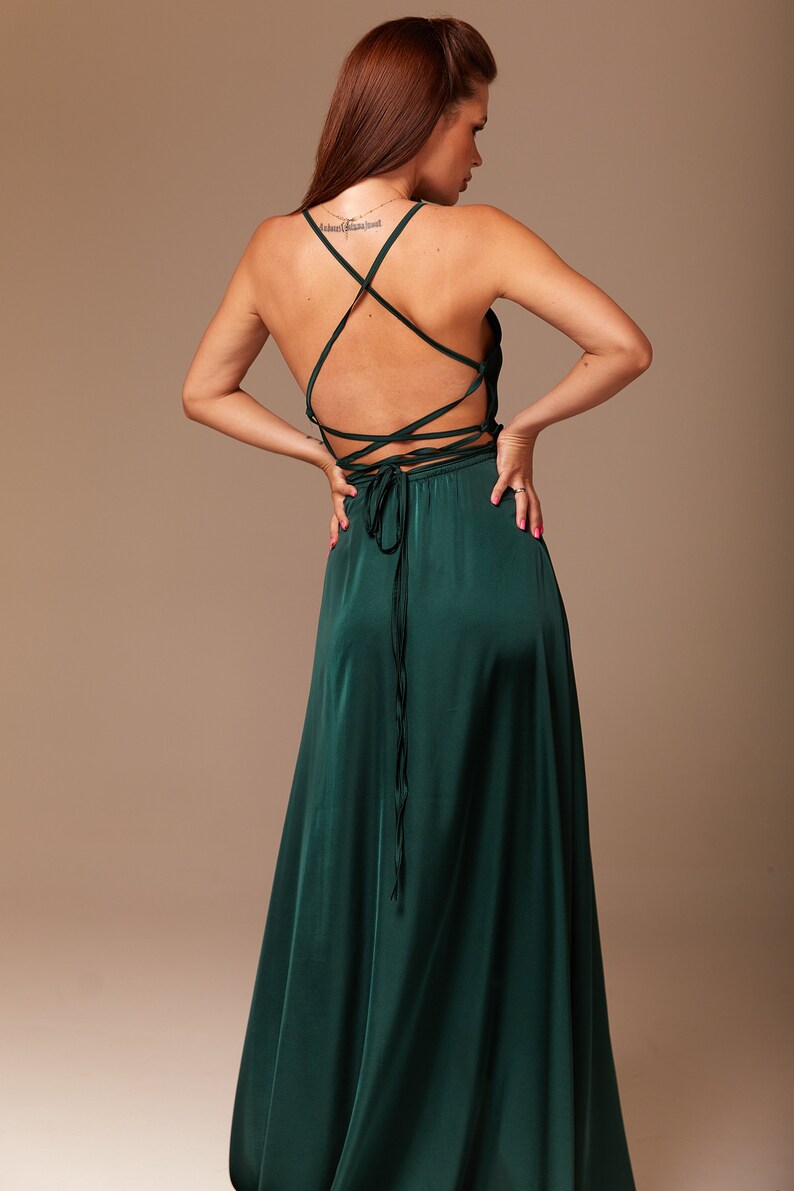 Dark Emerald Green Silk Maxi Flared Dress With Slit - Etsy UK