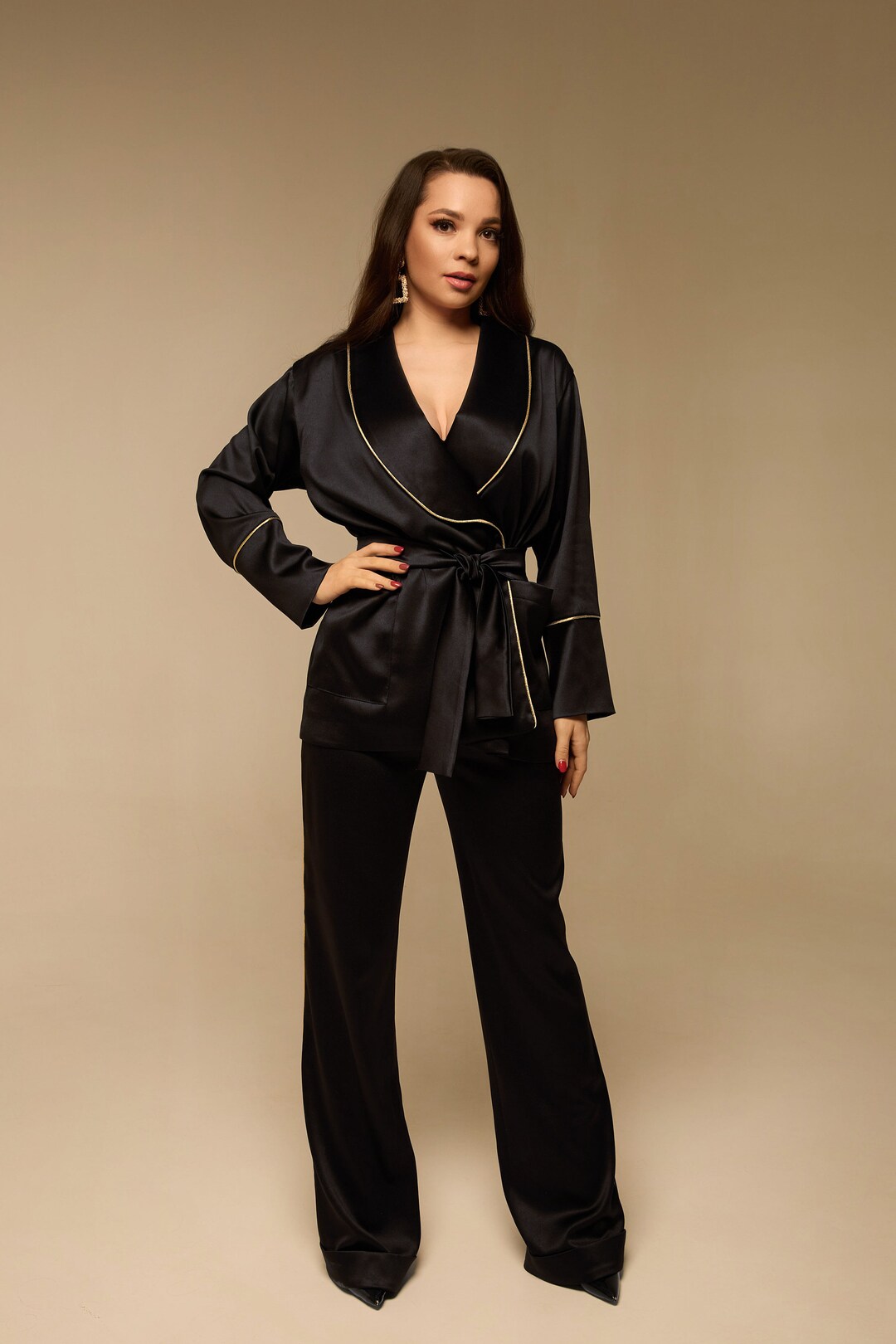 Black Satin Pansuit for Women, Evening Satin Pantsuit, Wedding Guest ...