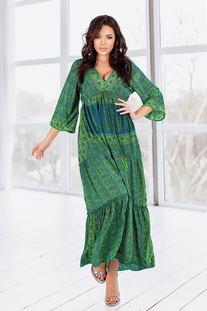Summer Emerald Dress Paisley Silk Dress Maxi Green Beach - Etsy