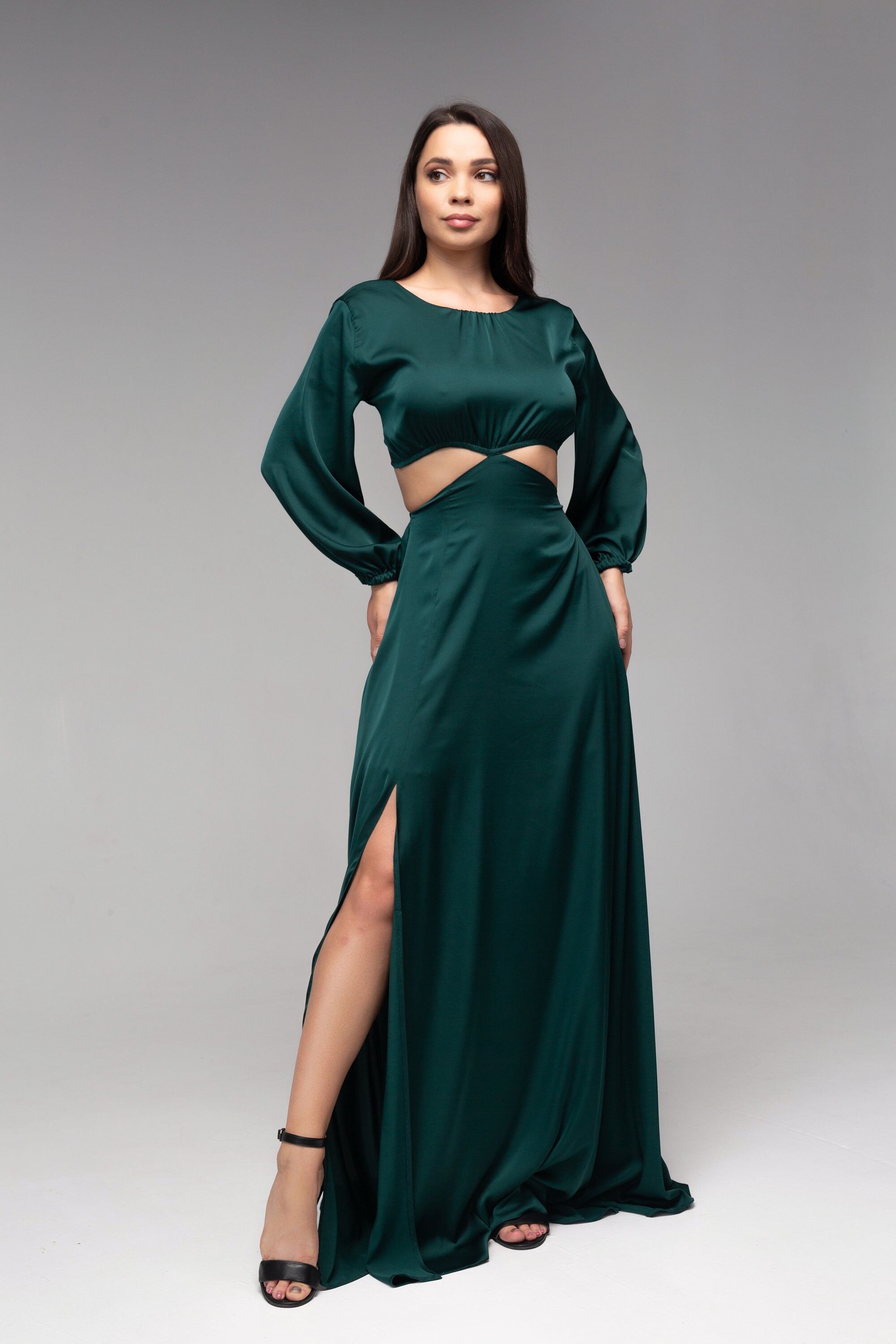 Dark Emerald Green Silk Maxi Dress With Slit Open Back Green - Etsy