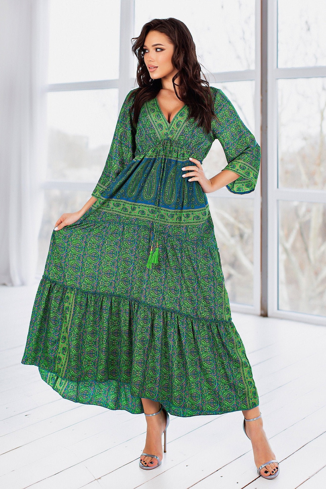 Summer Emerald Dress Paisley Silk Dress Maxi Green Beach - Etsy