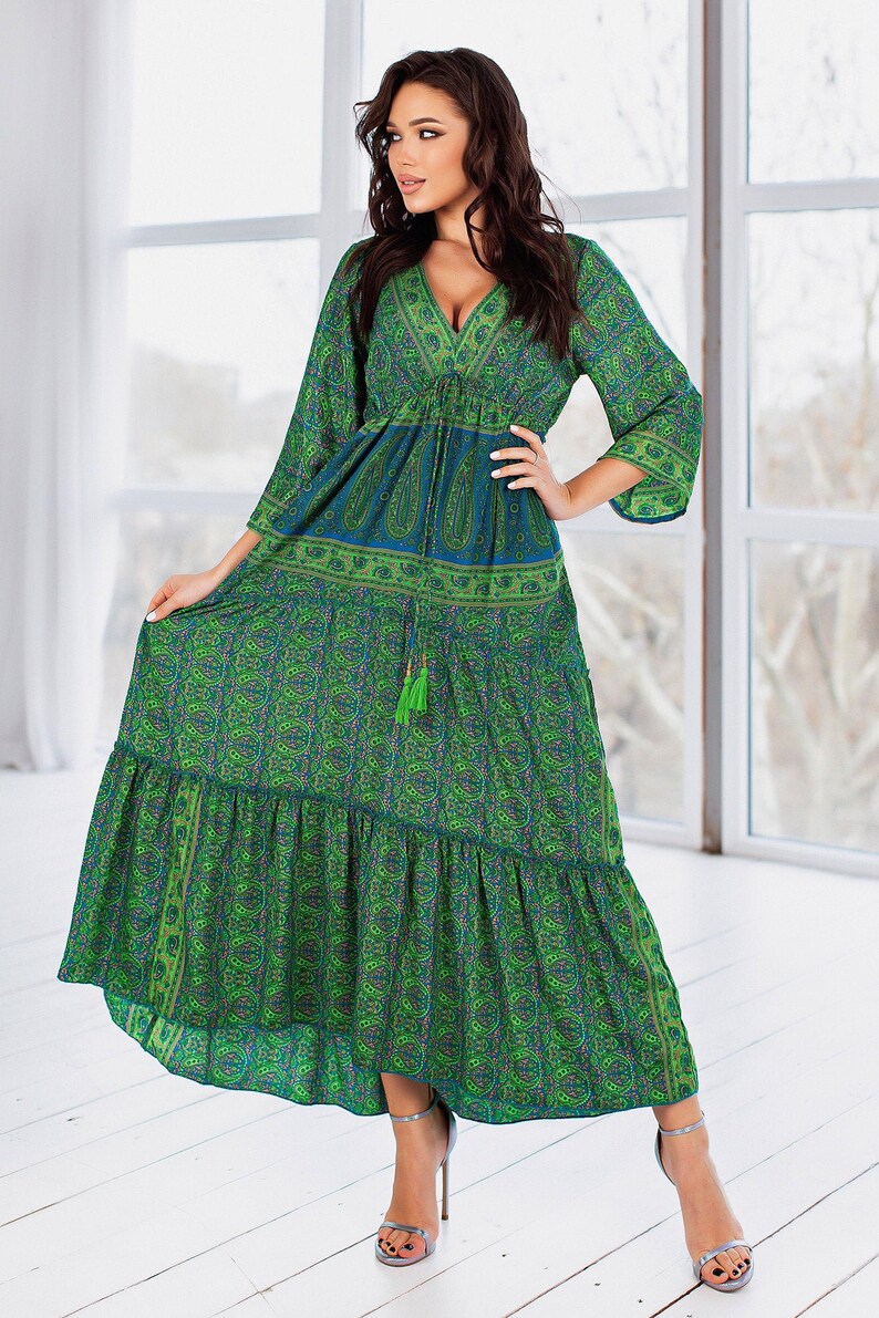 Summer Emerald Dress Paisley Silk Dress Maxi Green Beach - Etsy