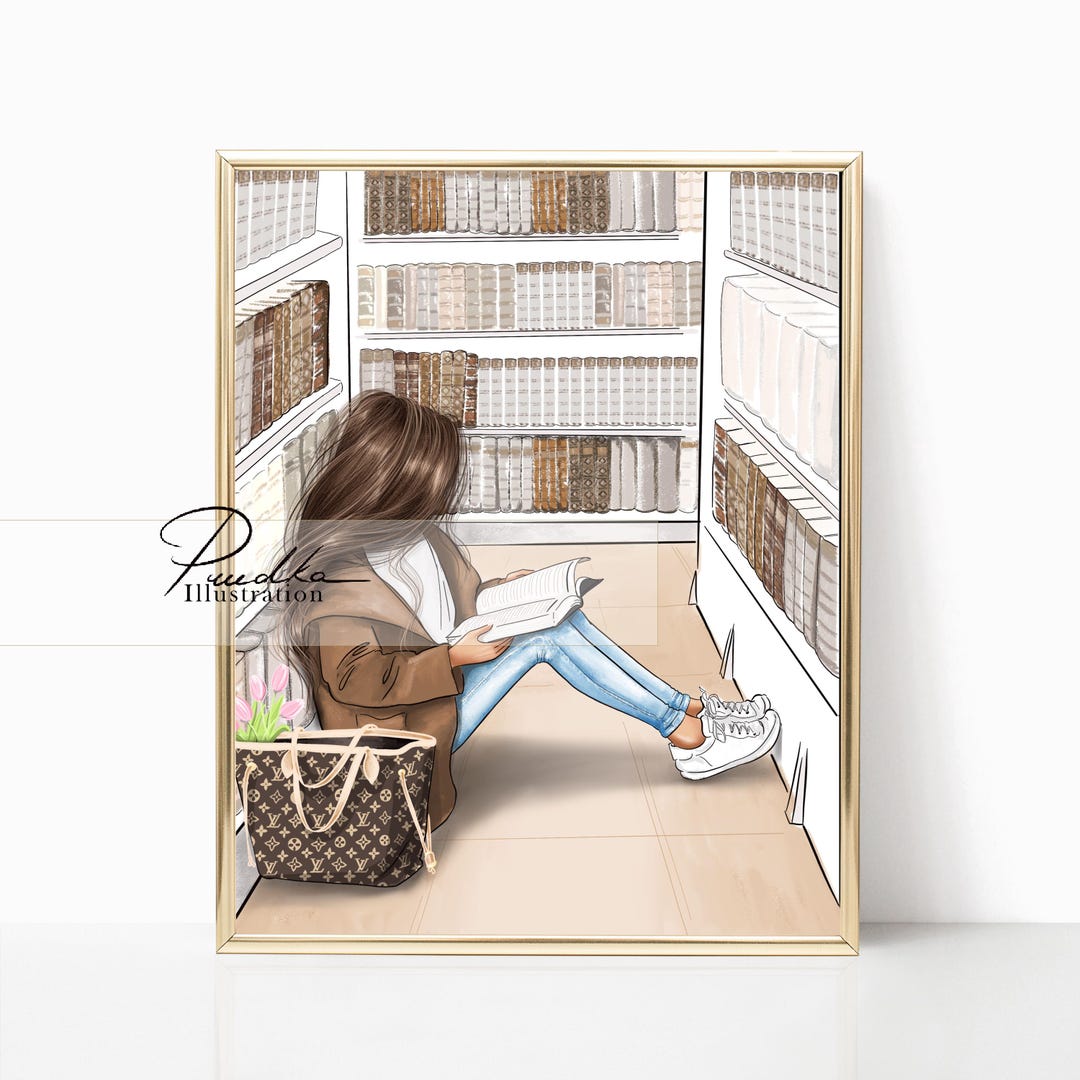 Library Fashion Illustration Print: Girl Reading Art Poster - Etsy