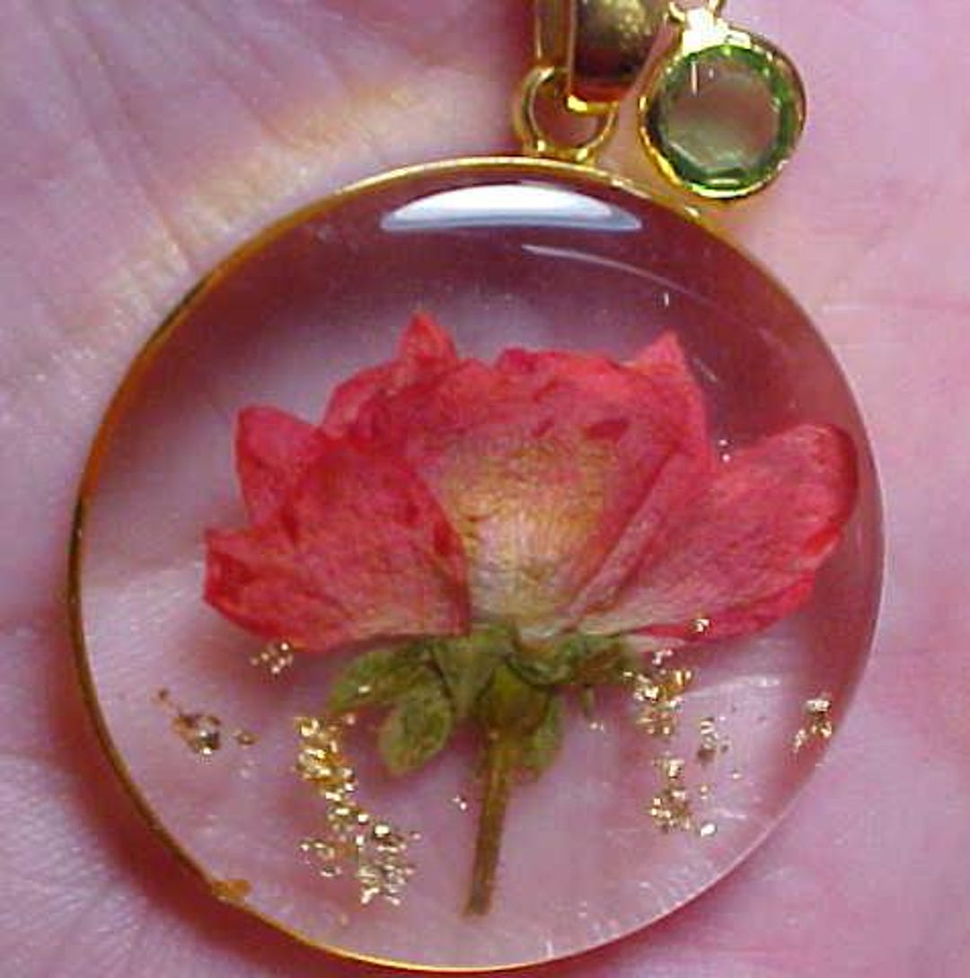 Art Deco BIRTH MONTH FLOWER Gold Plated Necklace Preserved Real Pressed ...