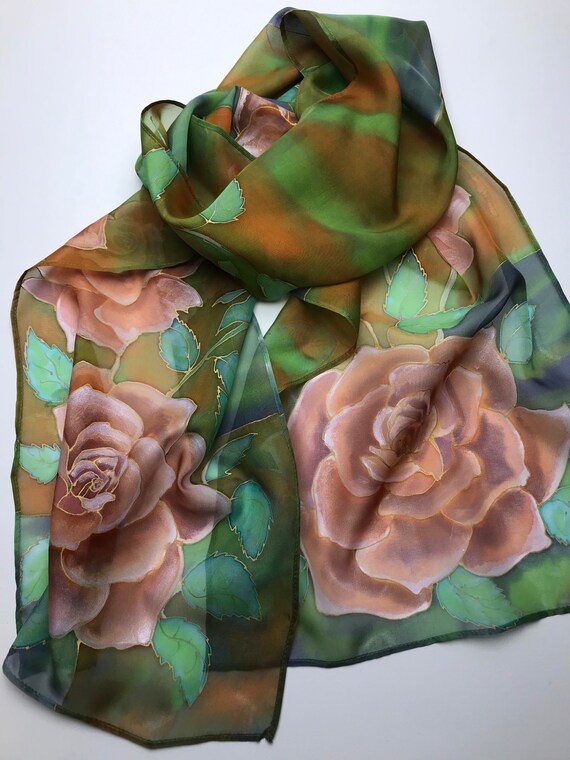 Roses silk scarf Handmade Hand painted Pure silk Peach orange | Etsy
