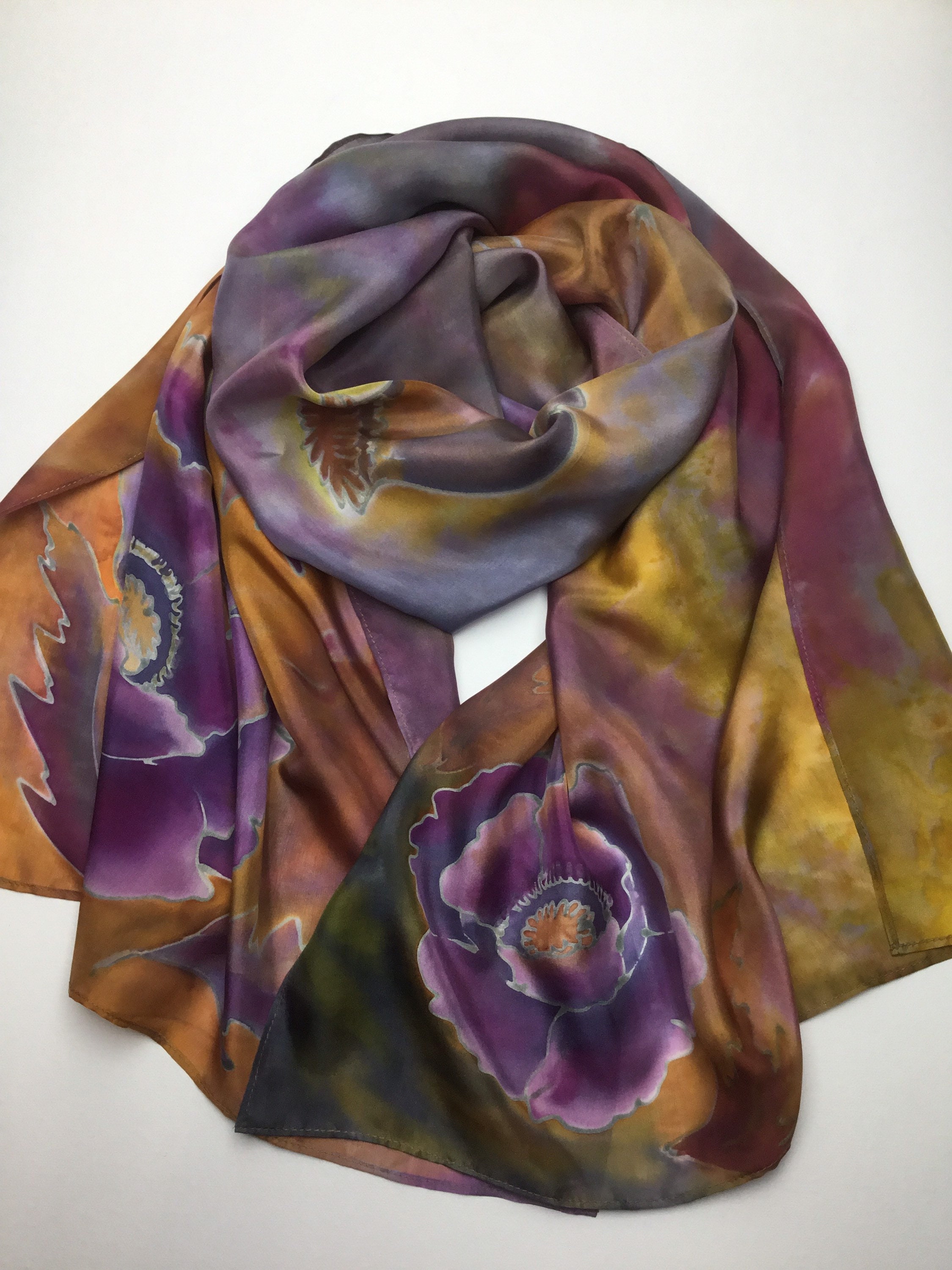 Silk Scarf Pareo Women Silk Wrap Hand Painted Handmade Magenta Orange ...