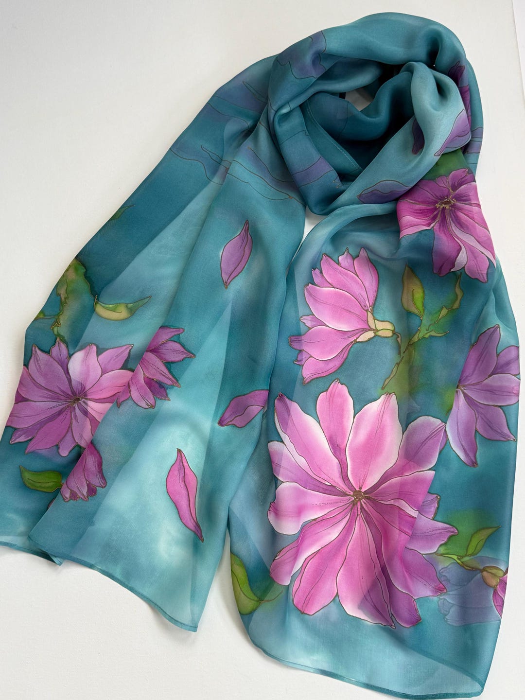 Hand Painted Silk Scarf: Cherry Blossom Sakura, Turquoise Teal - Etsy