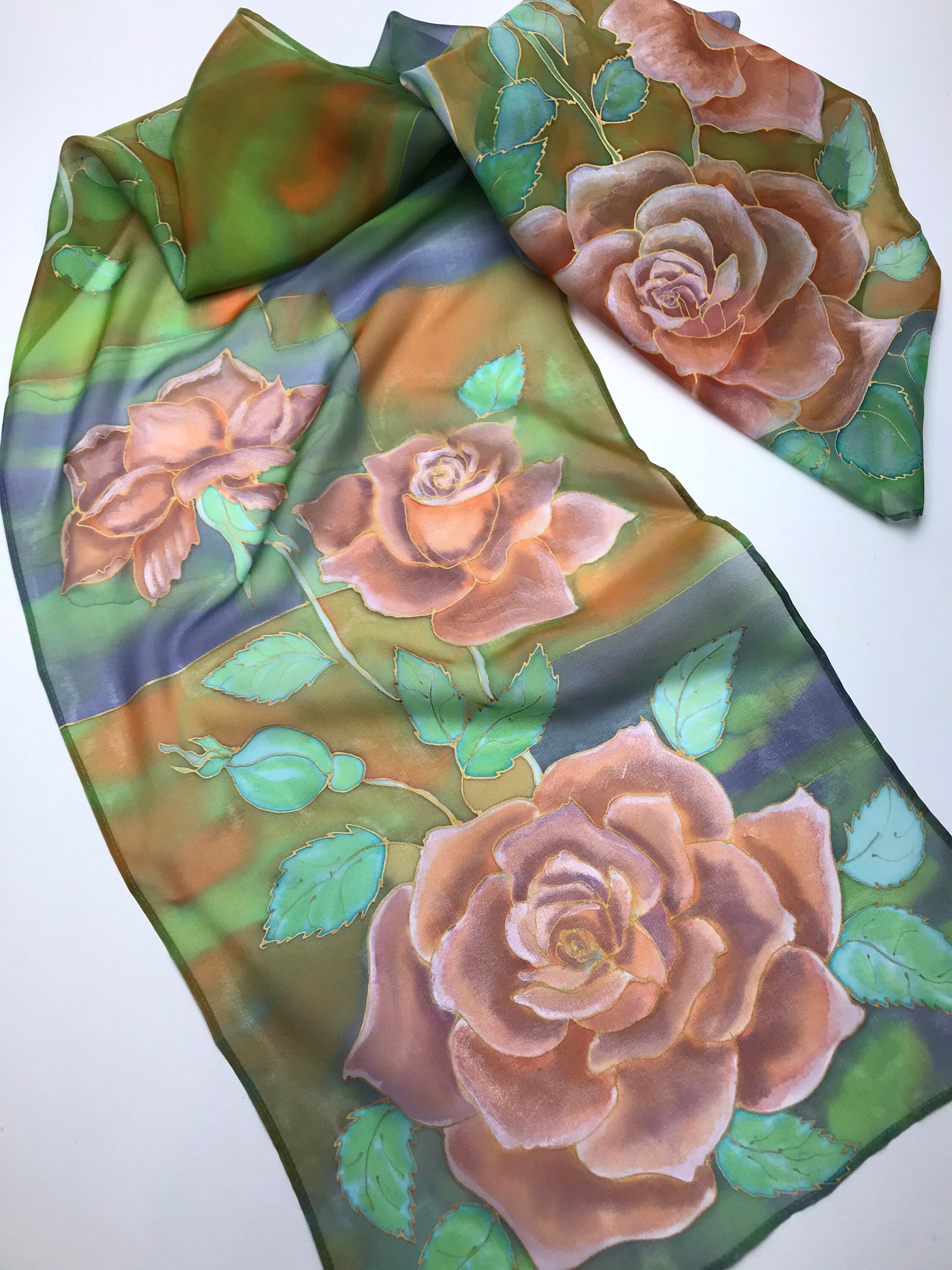 Roses Silk Scarf Handmade Hand Painted Pure Silk Peach Orange - Etsy UK