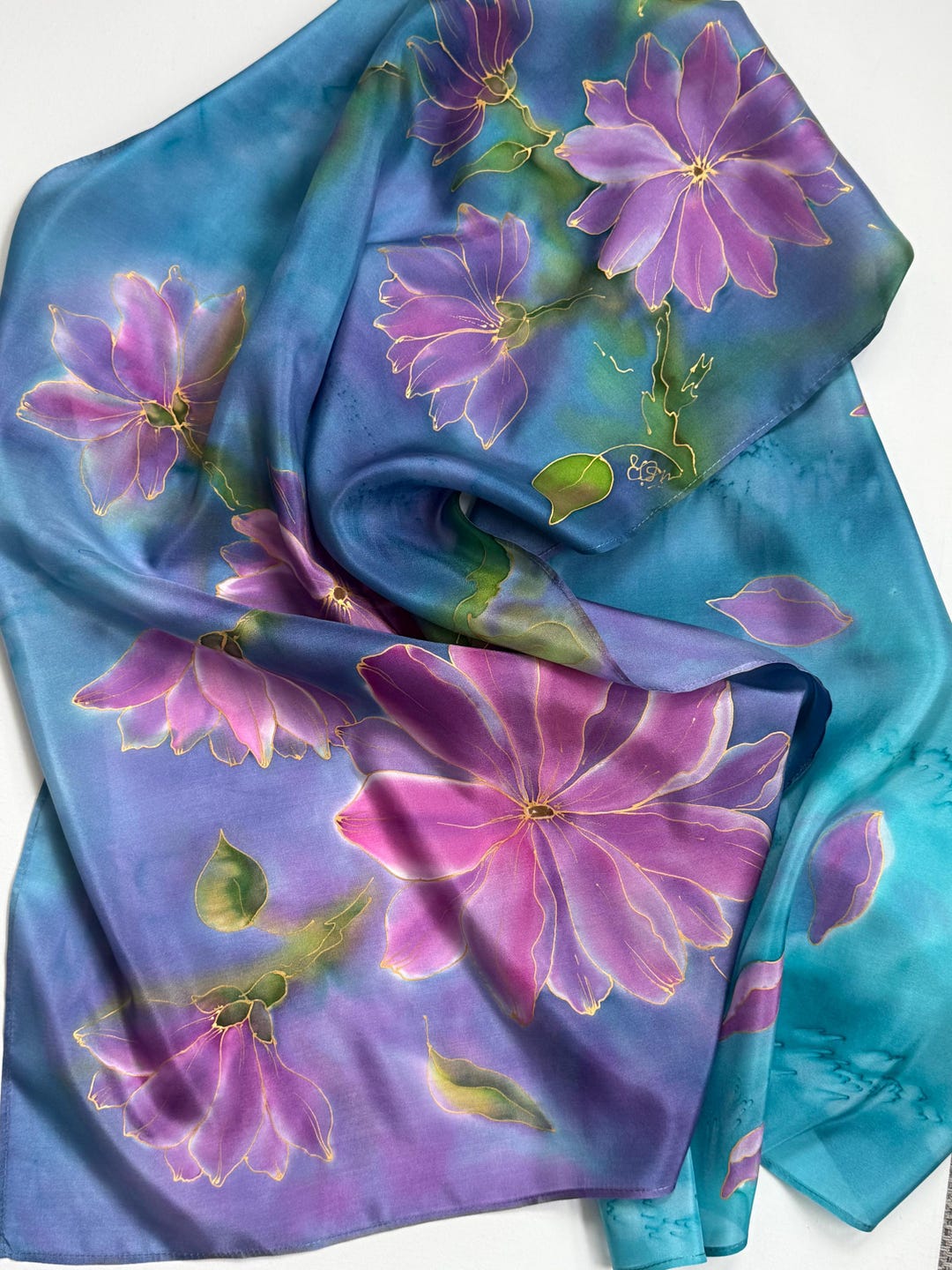 Hand Painted Silk Scarf: Sakura Blossom, Turquoise Teal - Etsy