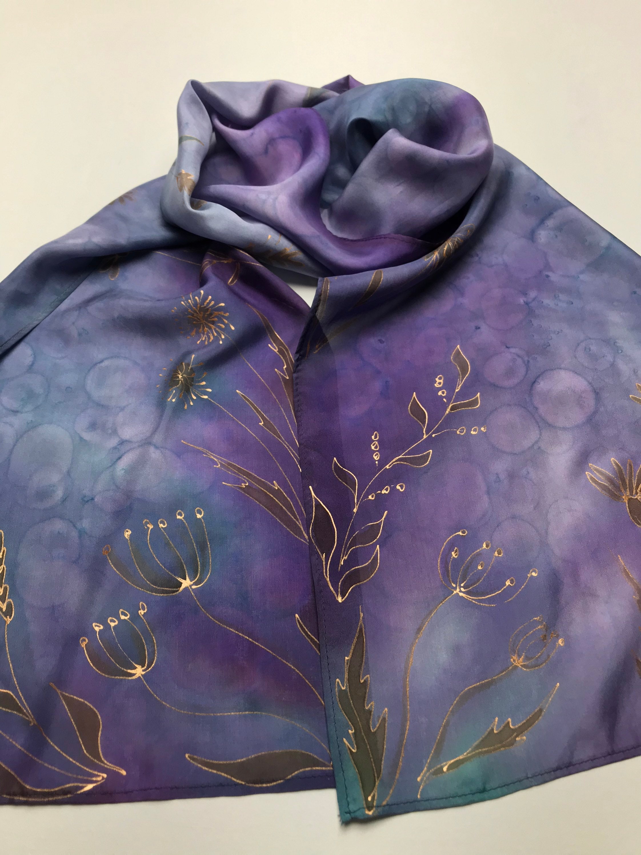 Dusty blue silk scarf Midnight Hand painted Women Pure silk | Etsy